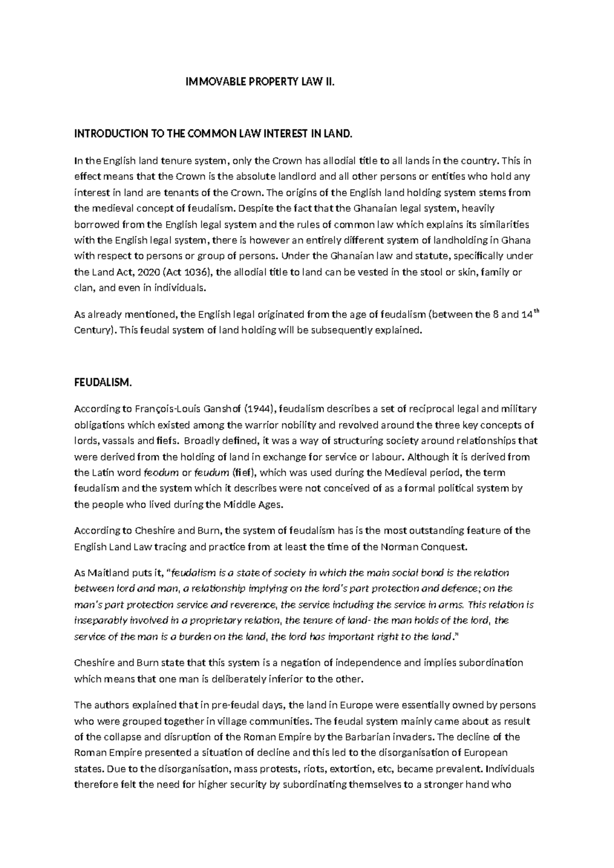 Immovable Property Law II: Common Law Interests in Land Notes - Studocu