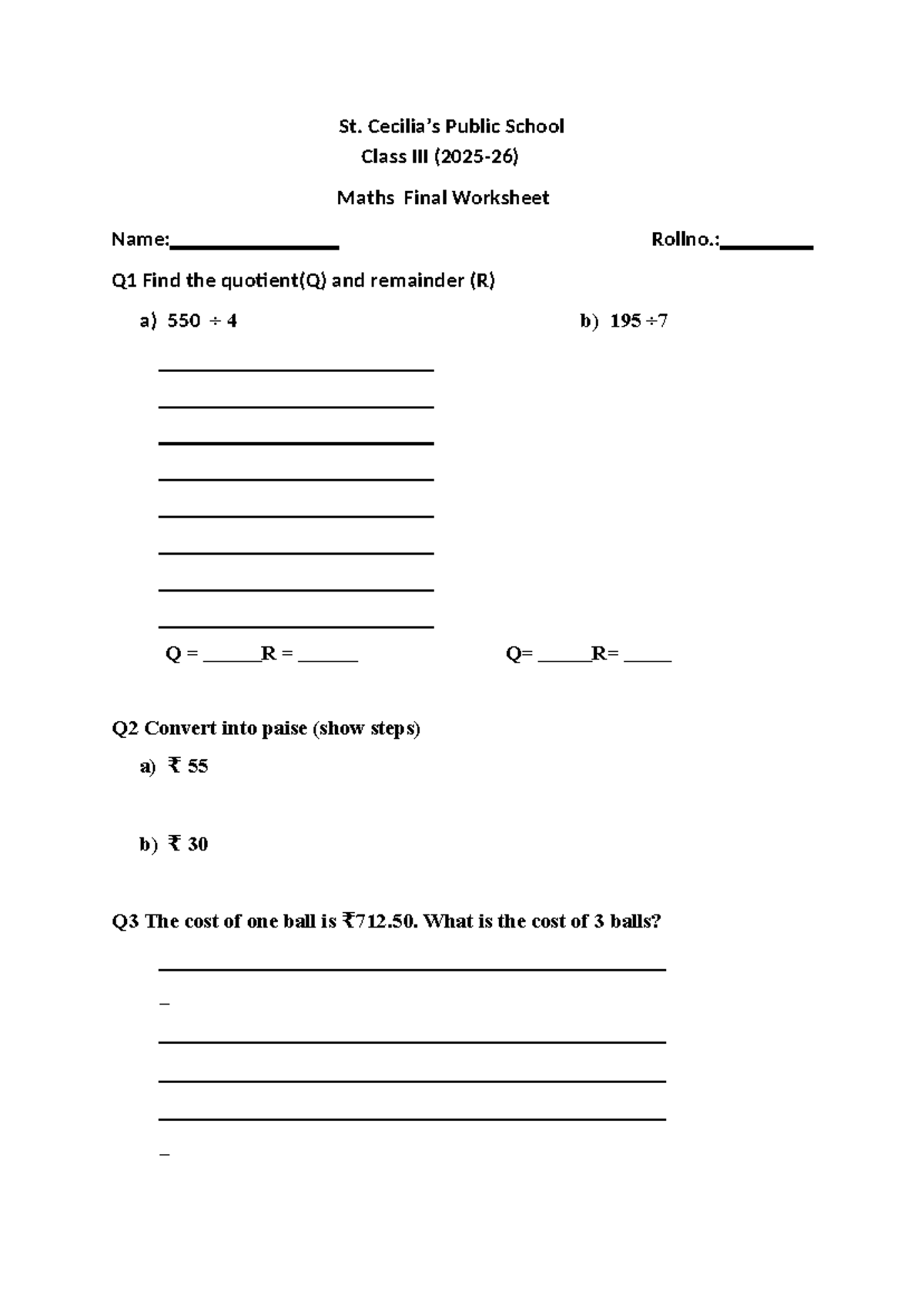 Maths Final Worksheet - St. Public School (Practicals 1-11) - Studocu