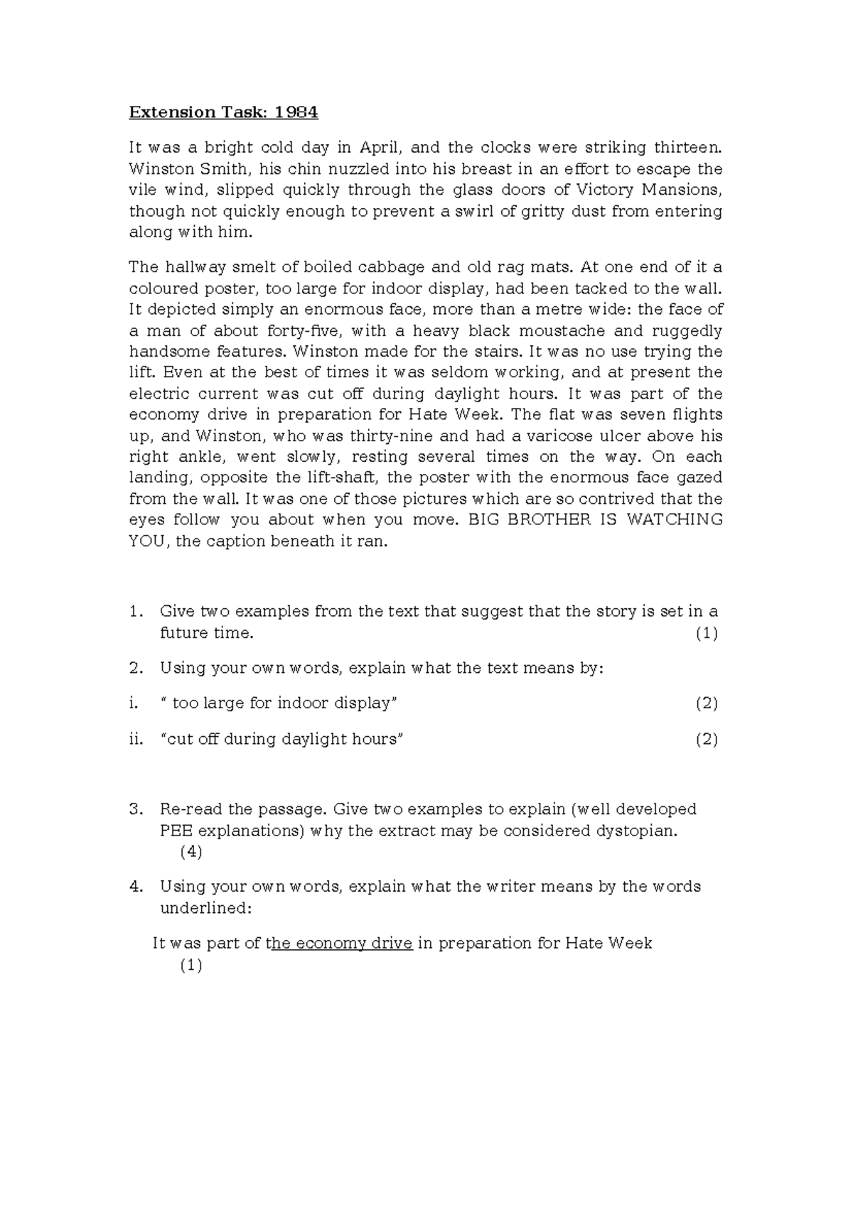Extension Task: 1984 - Textual Analysis and Dystopian Elements - Studocu