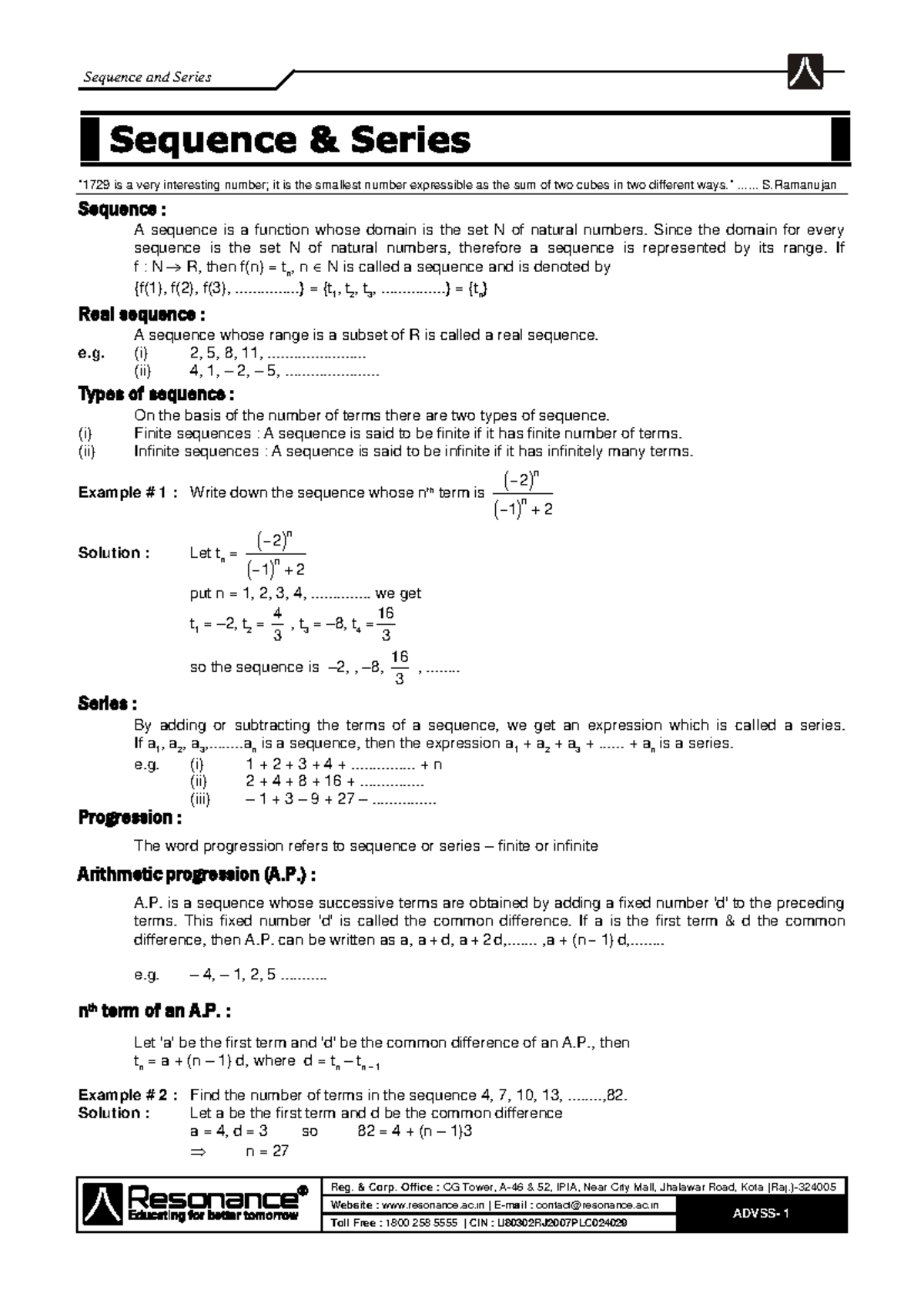 Sequence & Series Theory Notes: Key Concepts & Solved Examples - Studocu
