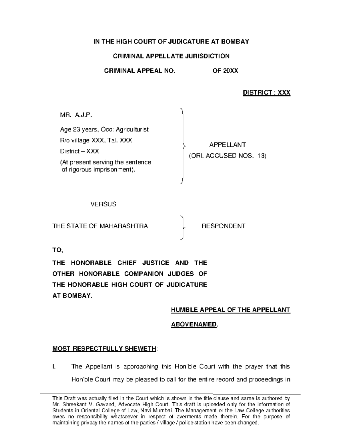 Criminal Appeal No. XX/20XX Against Conviction - High Court Insights ...
