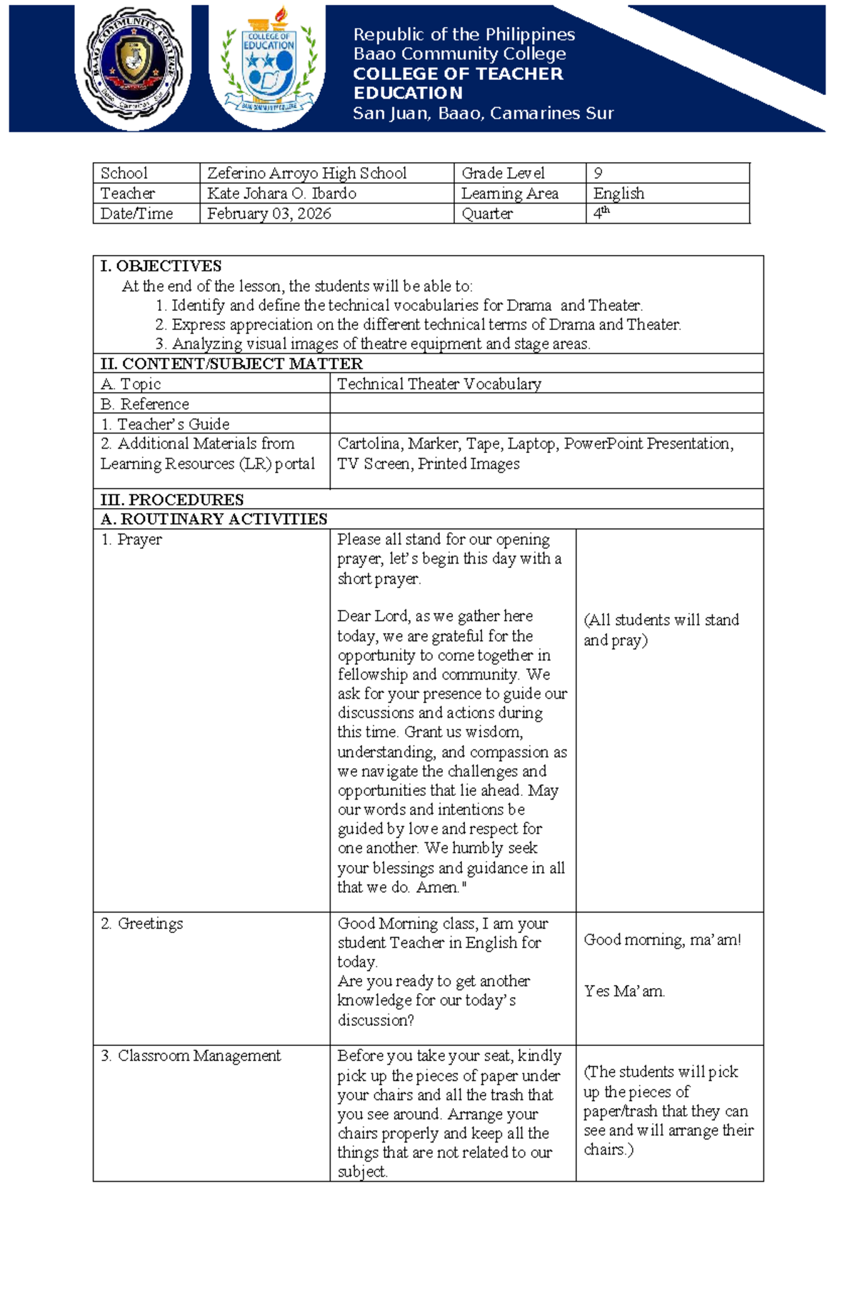 Technical Theater Vocabulary: Lesson Plan for English 4th Grade - Studocu