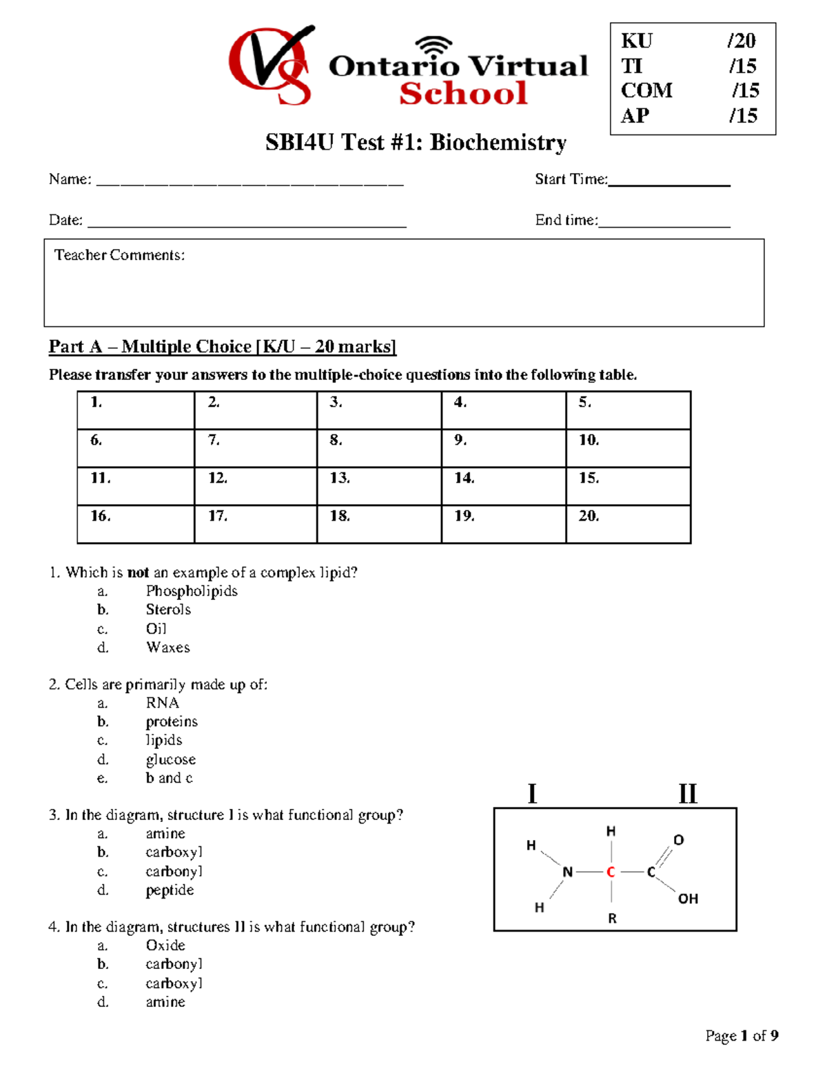 SBI4U Test 1: Biochemistry Questions and Answers Guide - Studocu