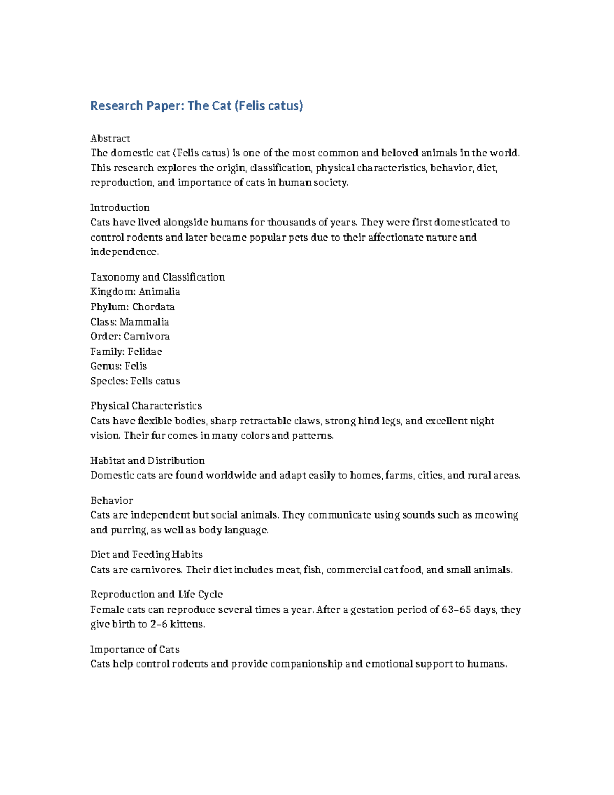 Research Paper: The Domestic Cat (Felis catus) Overview - Studocu