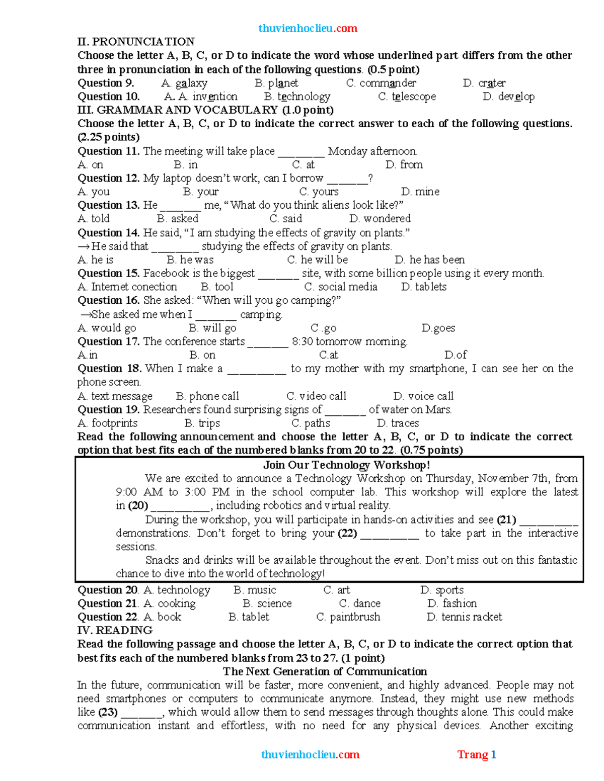Thuvienhoclieu - BAI TAP TIENG ANH LOP 8: PRONUNCIATION & GRAMMAR - Studocu