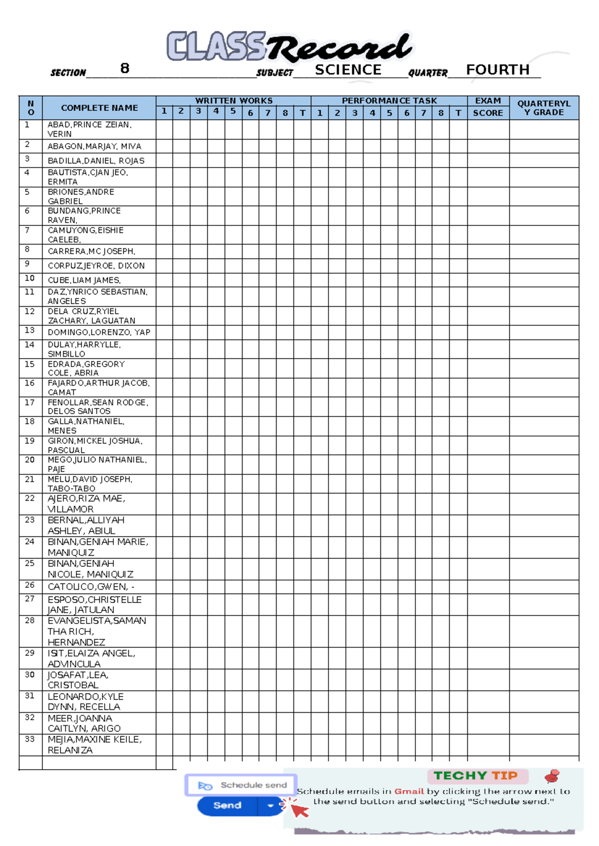 sample class record - 8 DARWIN SCIENCE FOURTH N O COMPLETE NAME WRITTEN ...