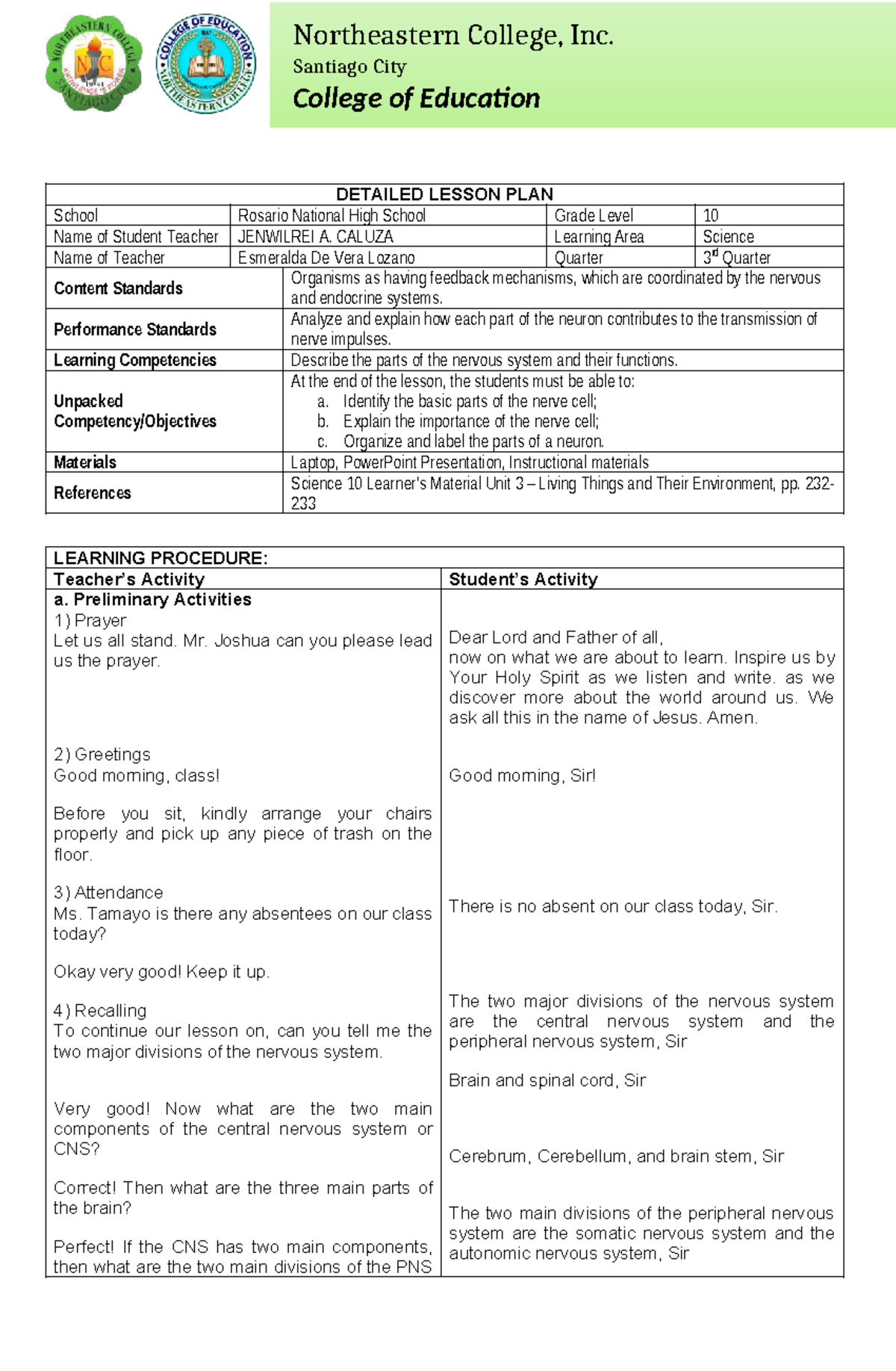 Northeastern College, Inc. Lesson Plan: Nerve Cell for Grade 10 Science ...