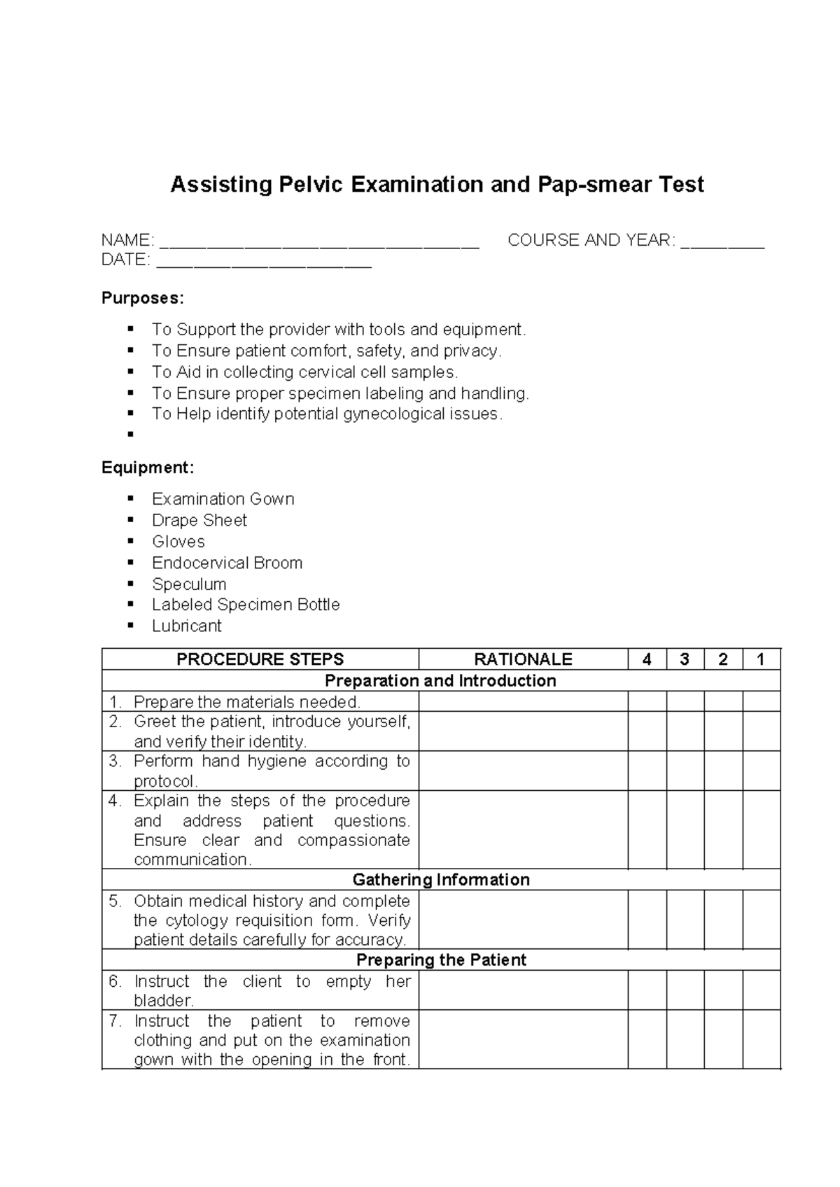 Assisting Pelvic Examination and Pap smear Test retdem Checklist ...
