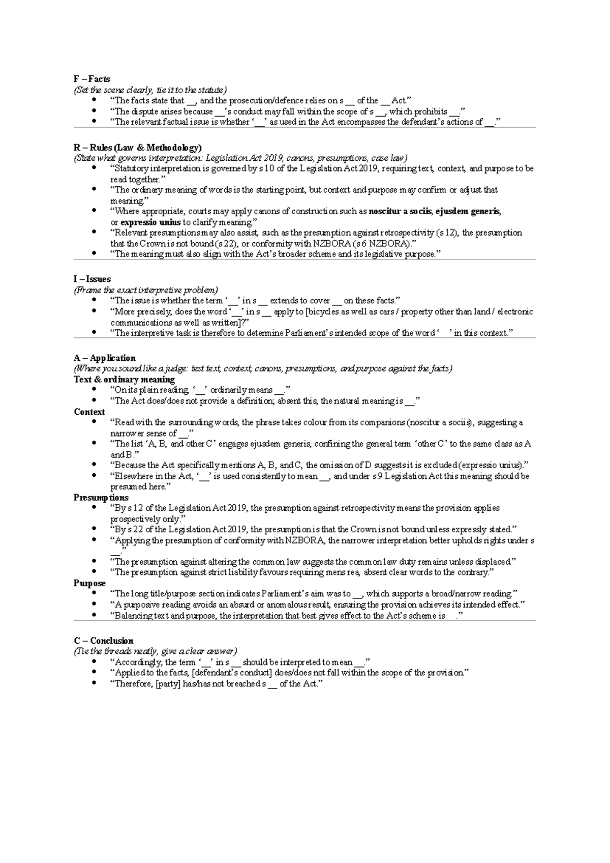 Friac Method 131 Law - Assessment Cheat Sheet on Statutory ...