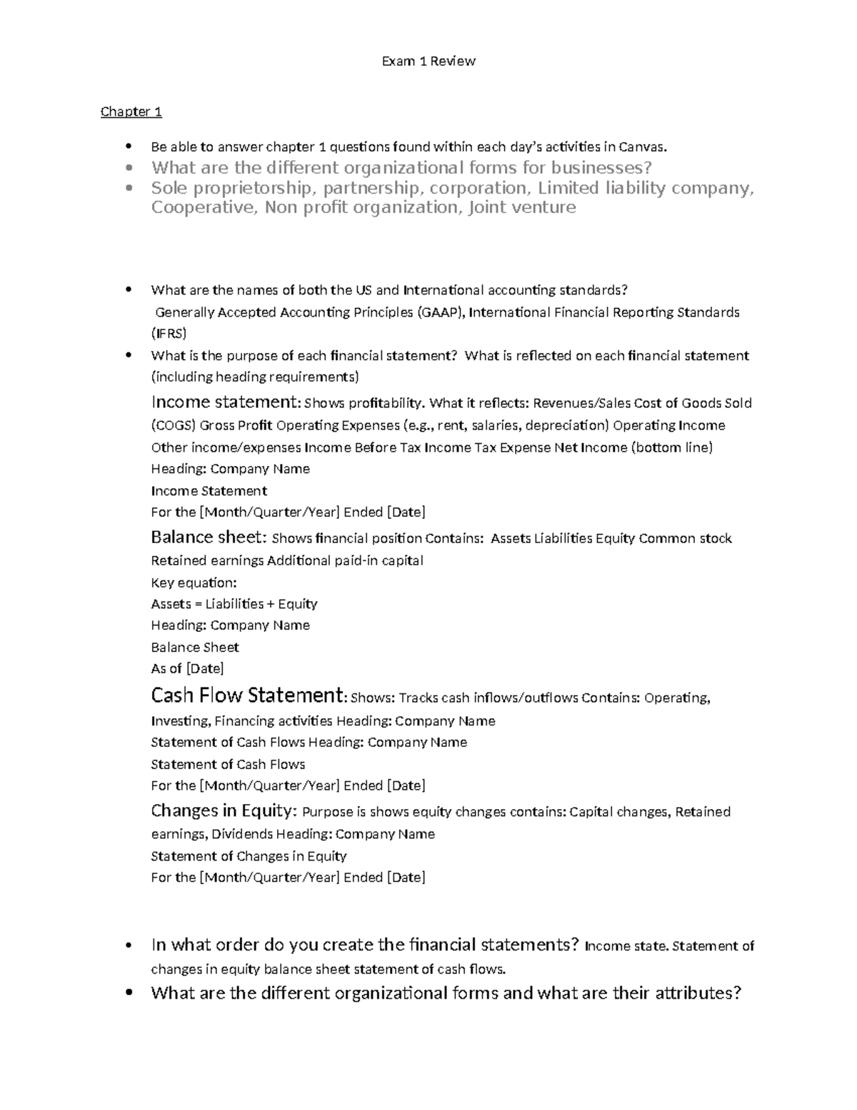 Exam 1 Review: Accounting Notes on Income, Adjustments & Financial ...
