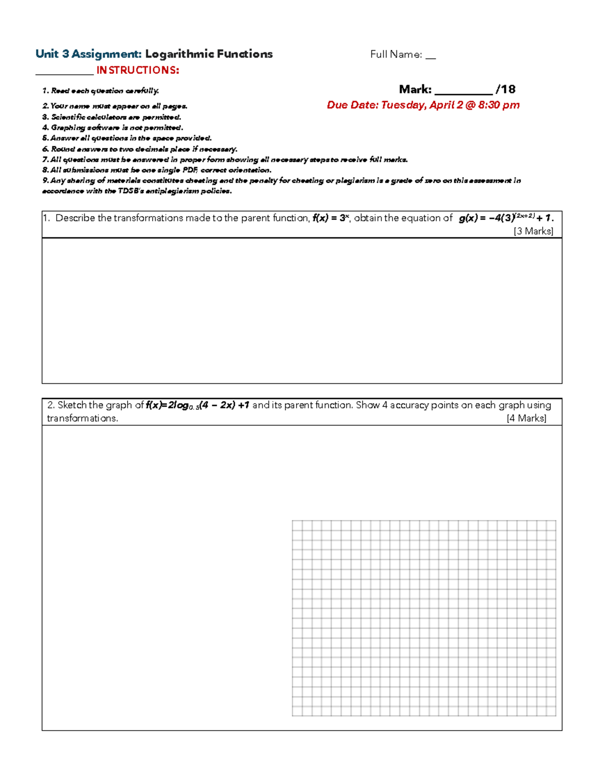 MHF4U - Unit 3 Assignment on Logarithmic Functions Analysis - Studocu