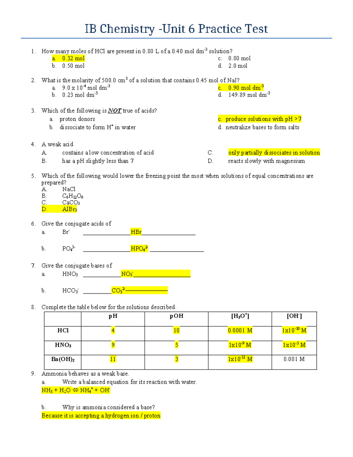 IB Chemistry 6 Unit 6 Practice Test Key 2025 - Studocu
