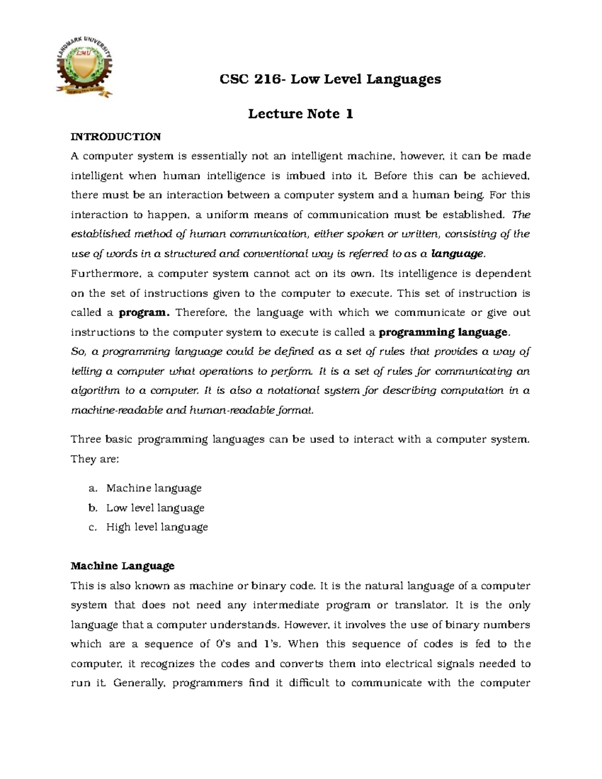 CSC 216 Low Level Languages Lecture Note 1: Intro to Programming ...