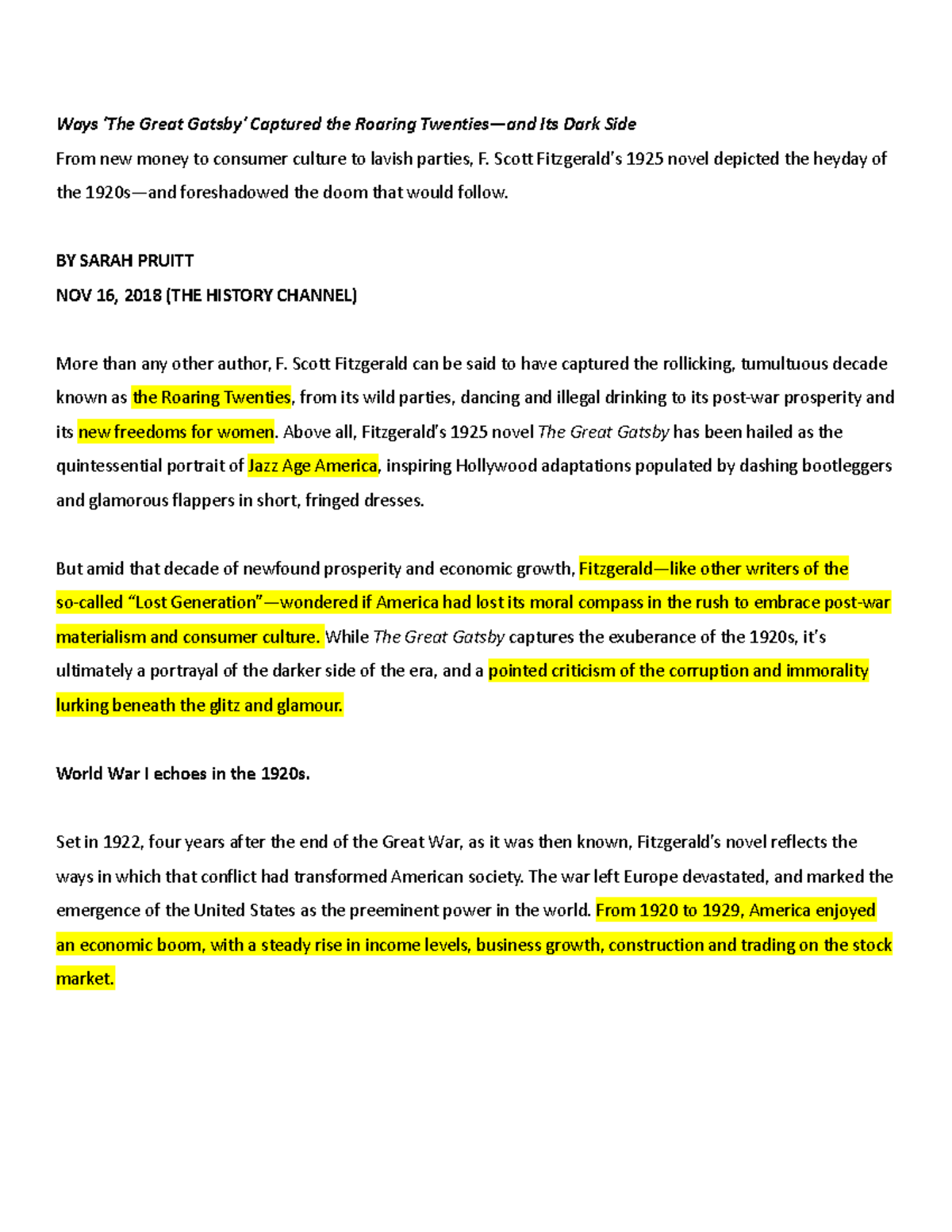 Reading - The Great Gatsby and the 1920s: A Dark Reflection - Studocu