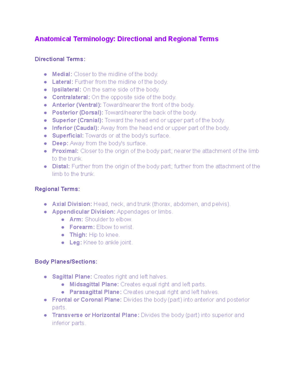 Anatomy exam 1 SG - Anatomical Terminology: Directional and Regional ...