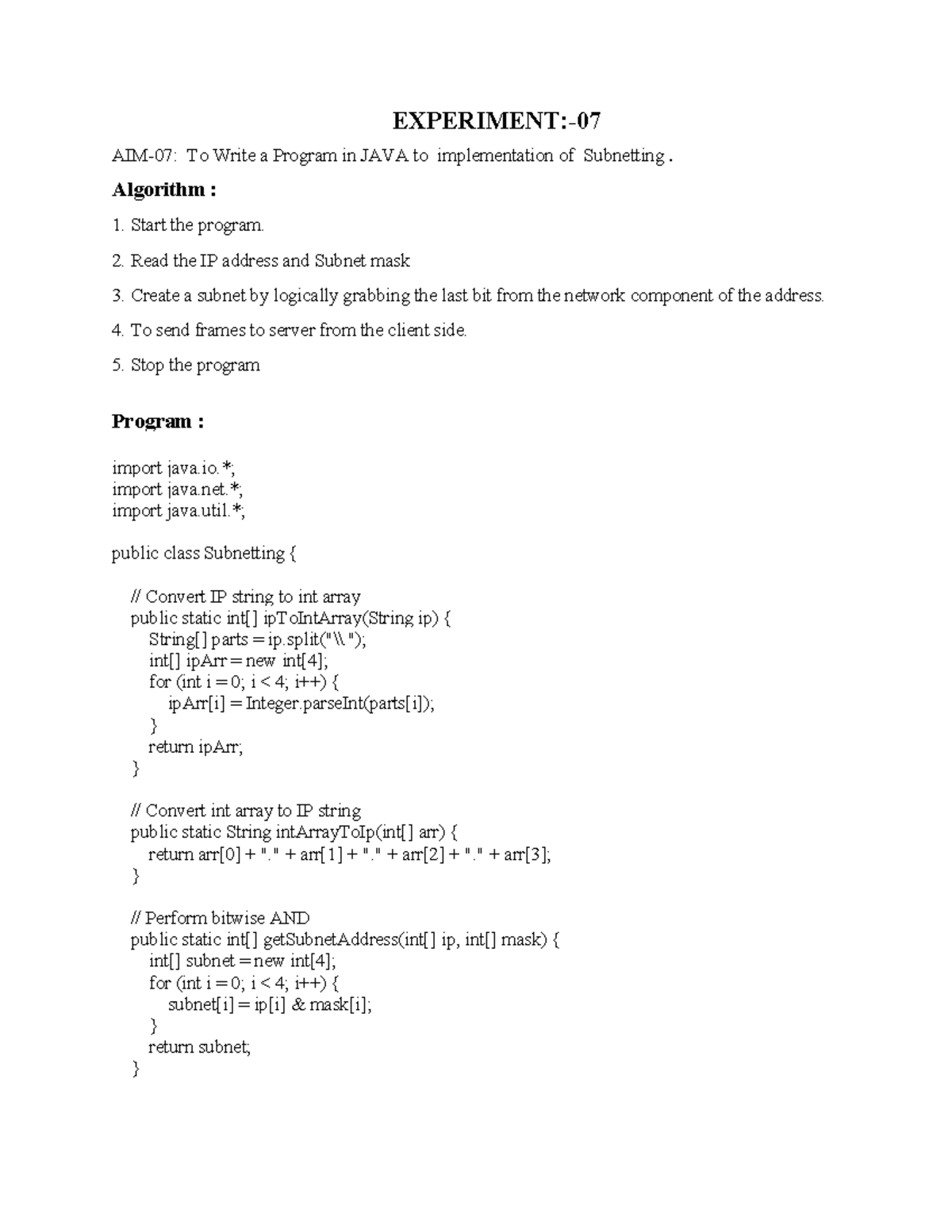 JAVA Subnetting Program Implementation - Experiment 07 - Studocu