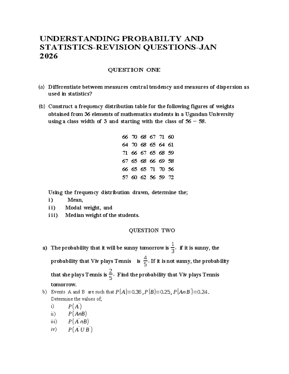 Revision Questions for STAT AND PROB 2026: Probability & Statistics ...