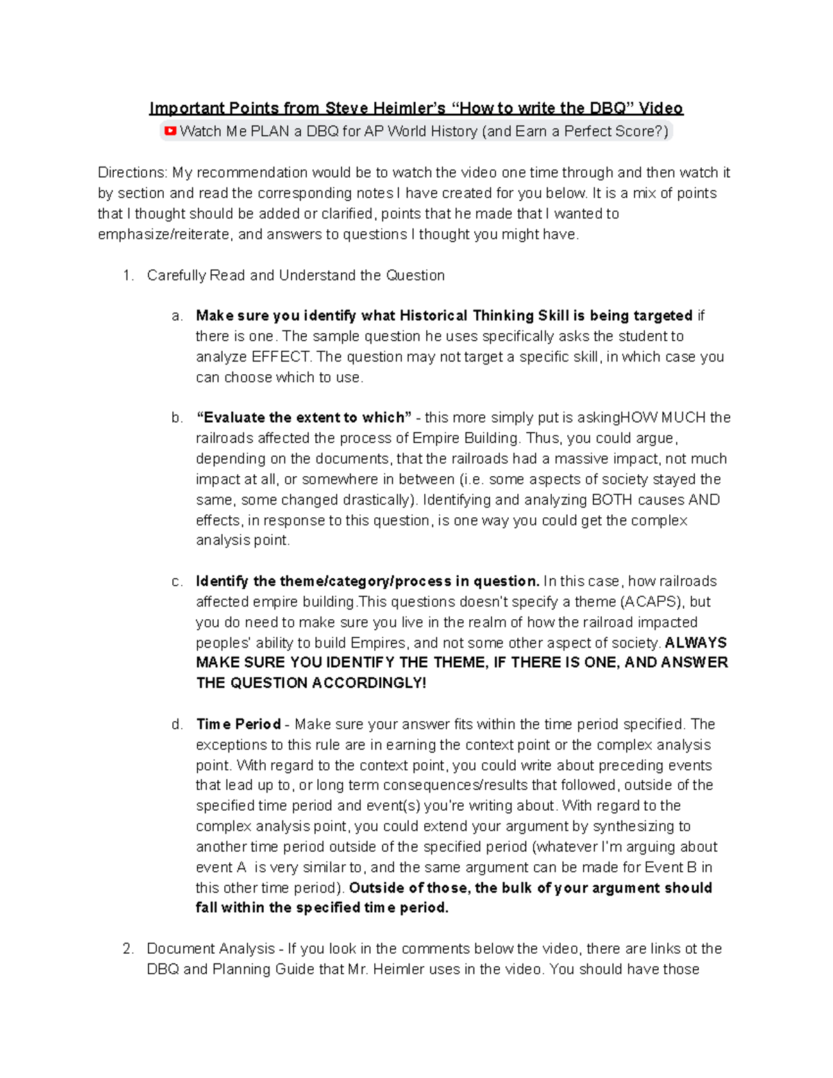 AP World History DBQ Planning Guide from Steve Heimler's Video - Studocu