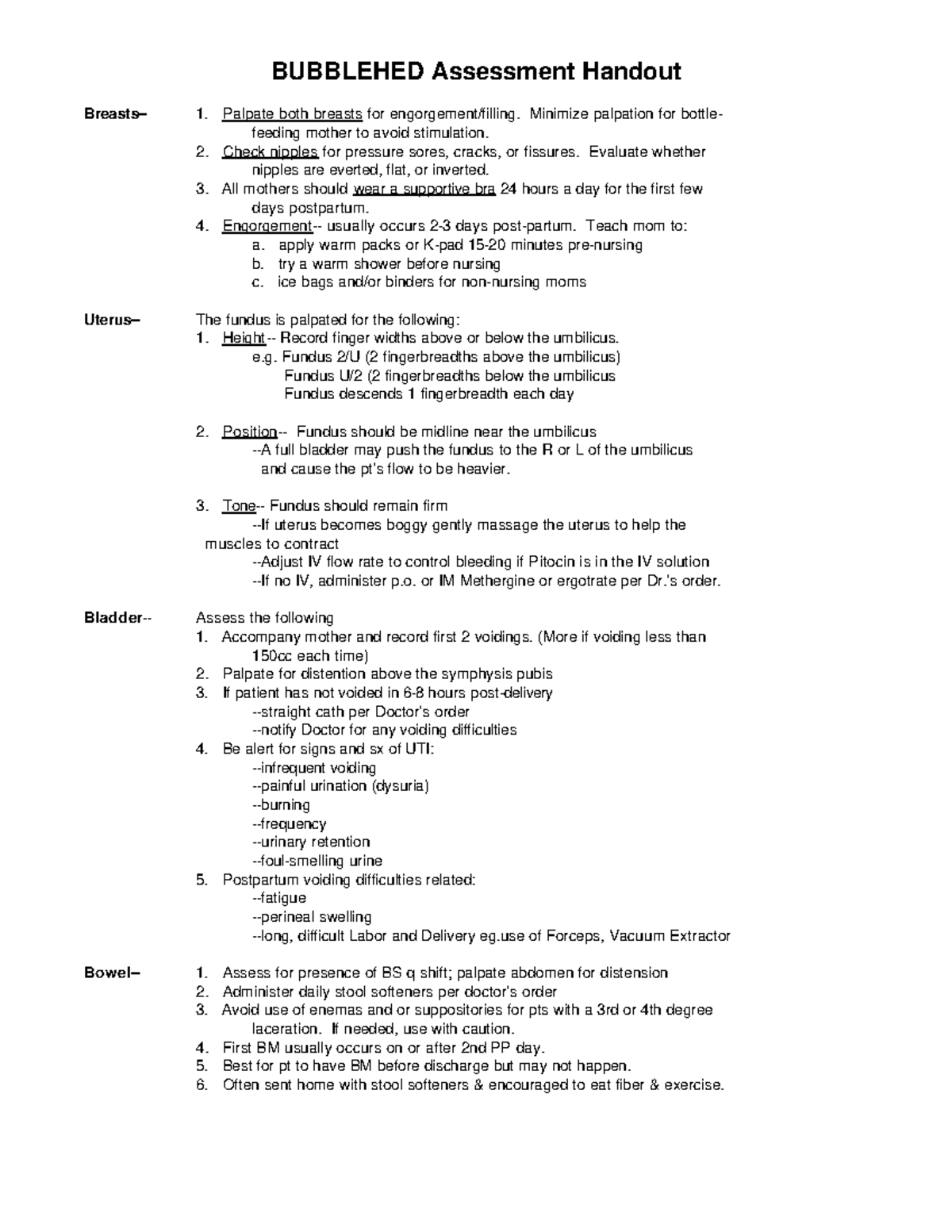 BUBBLEHE Mnemonic Postpartum Assessment - BUBBLEHED Assessment Handout ...