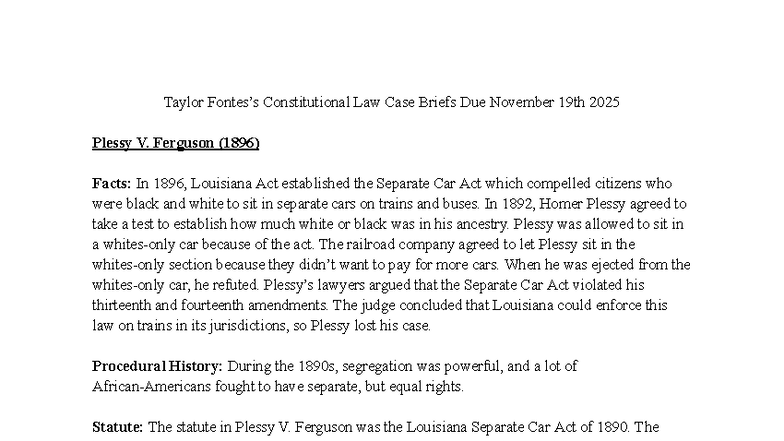 Con Law Case Briefs: Plessy v. Ferguson & Brown v. Board - Studocu
