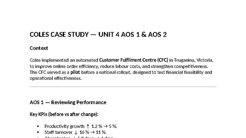 Coles Case Study: Unit 4 AOS 1 & AOS 2 Analysis of Automation Impact ...