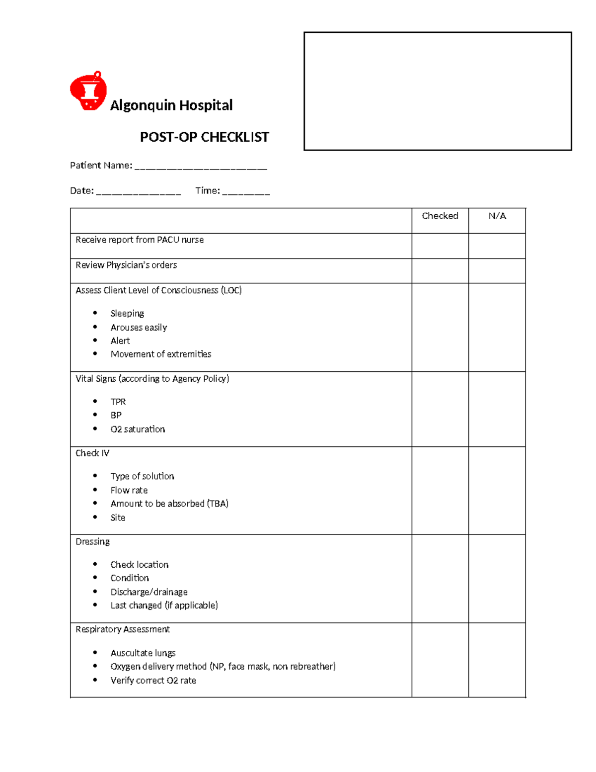 Algonquin Hospital Post Op Checklist for Patient Care - Studocu
