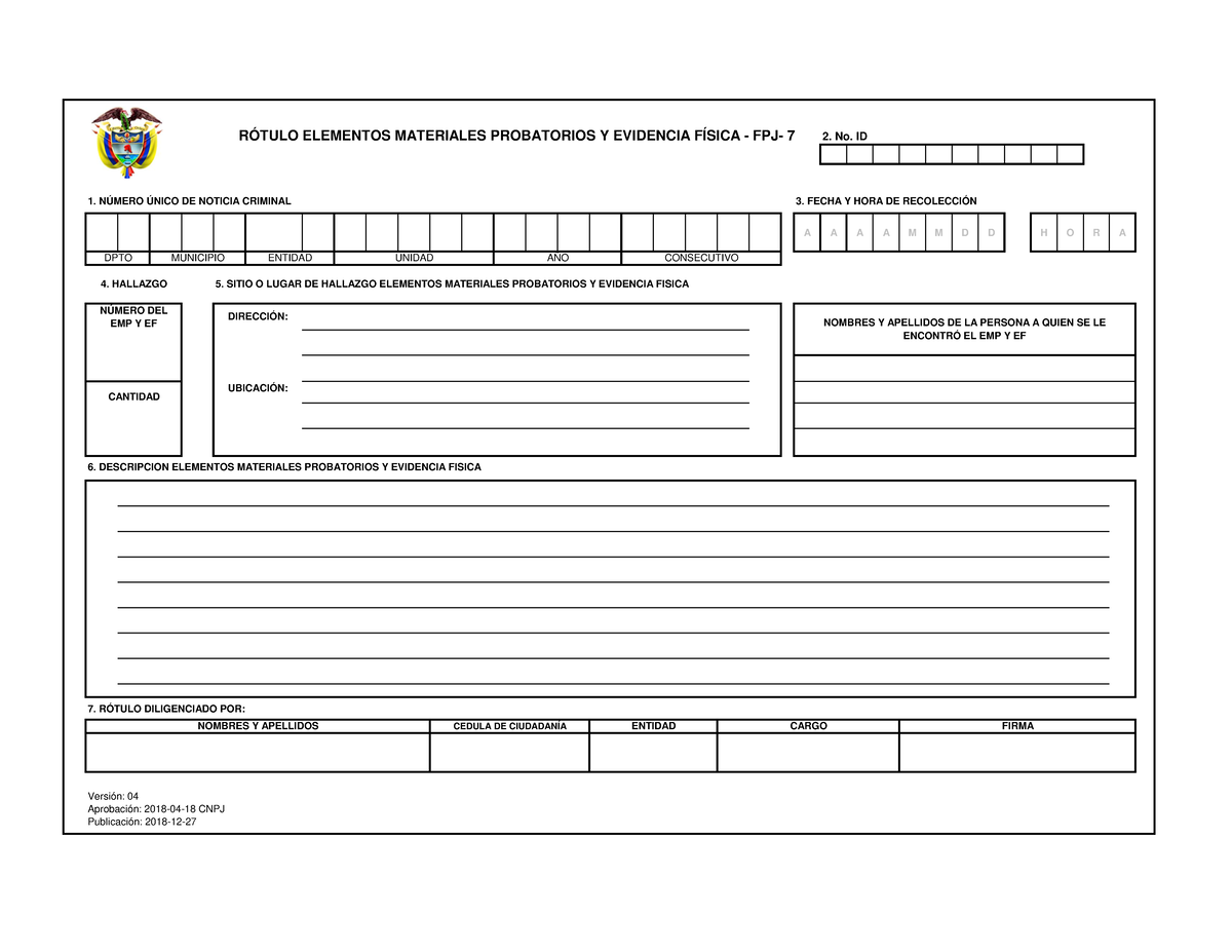 FPJ-7 Rótulo Cadena de Custodia: Elementos Probatorios y Evidencia ...