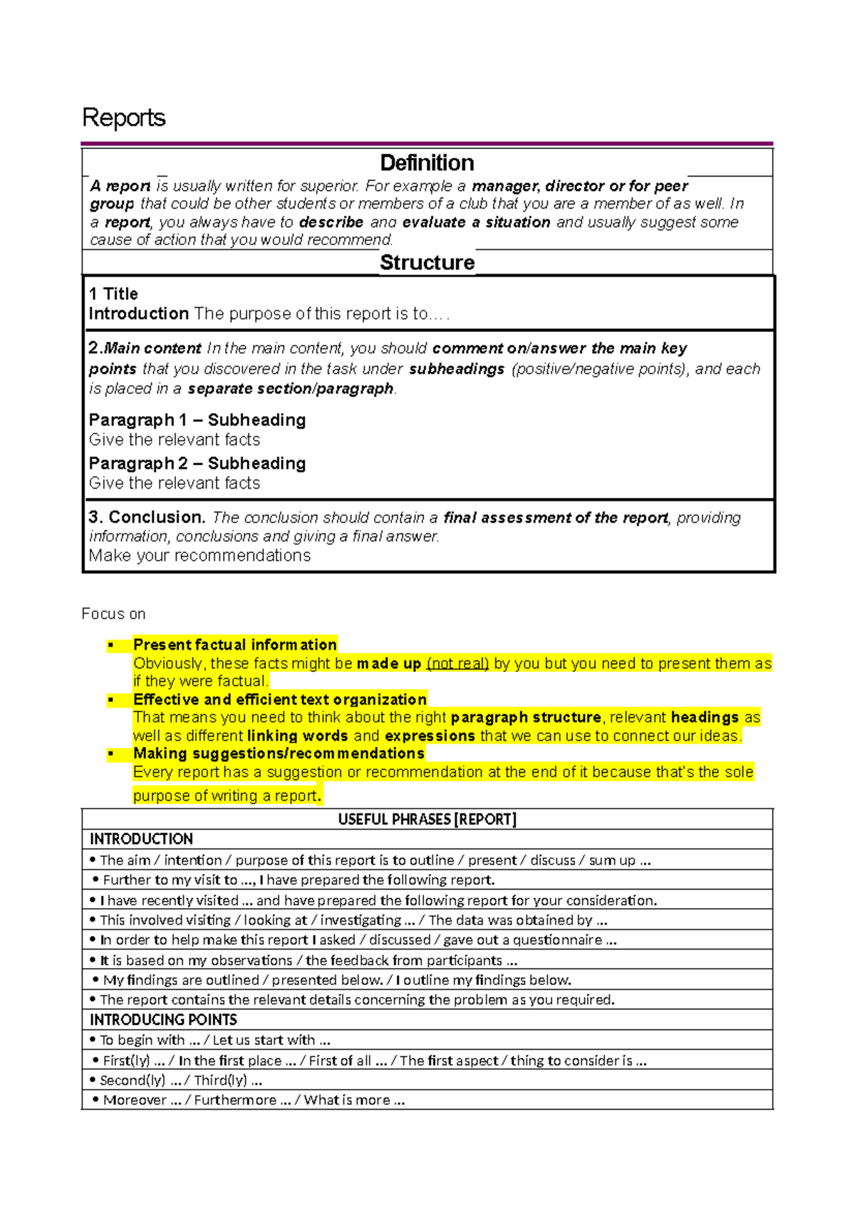 Reports Definition and Structure: Key Elements and Guidelines - Studocu