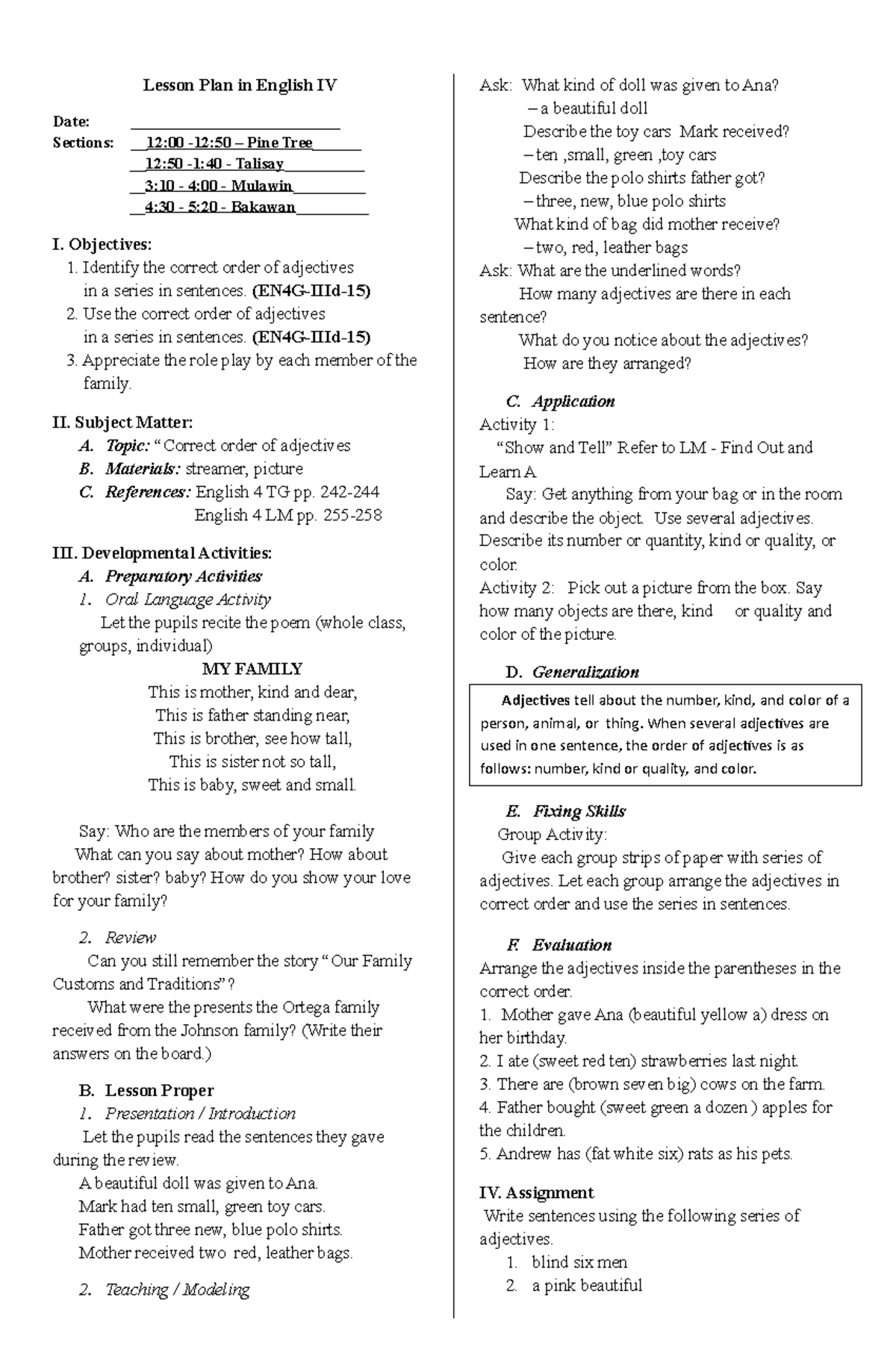 EN IV Lesson 10: Understanding the Order of Adjectives - Studocu