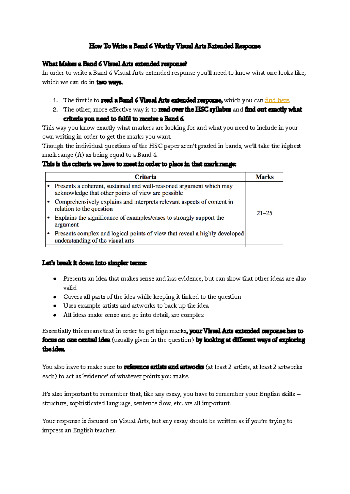 How to Achieve a Band 6 in Visual Arts Extended Response (HSC) - Studocu