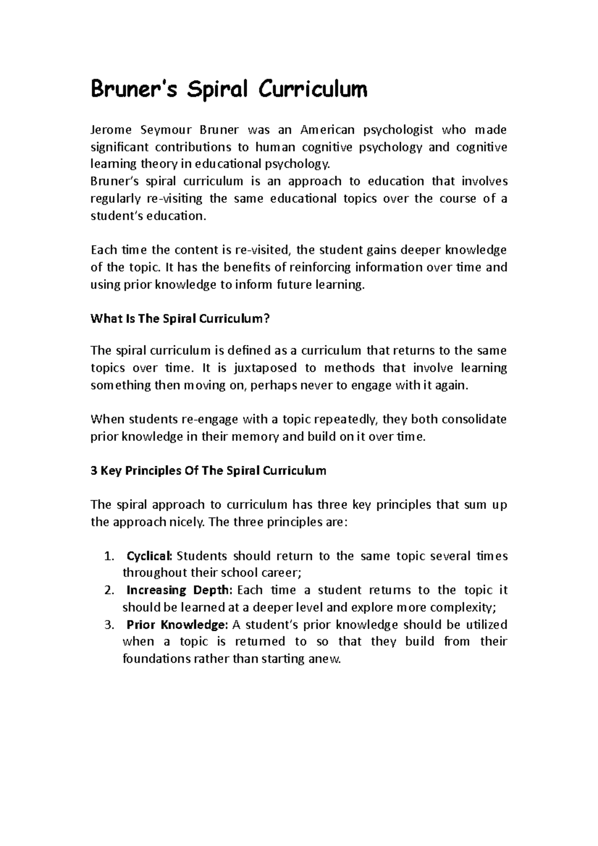 Bruner’s Spiral Curriculum: Key Principles & Educational Impacts - Studocu