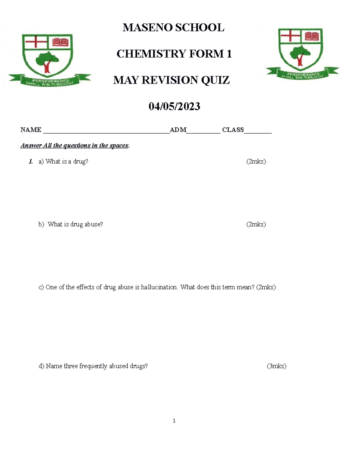 Chemistry Form 1 May Revision Quiz - Study Guide R2 - Studocu