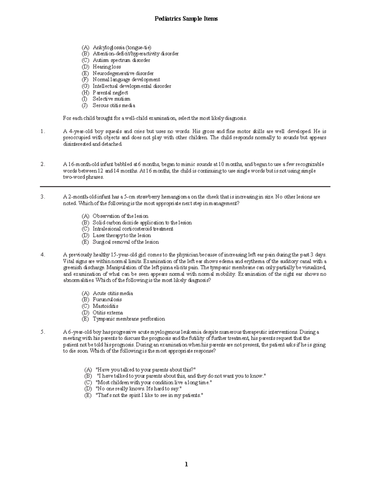 Pediatrics Sample Items: Diagnosis and Management Scenarios - Studocu
