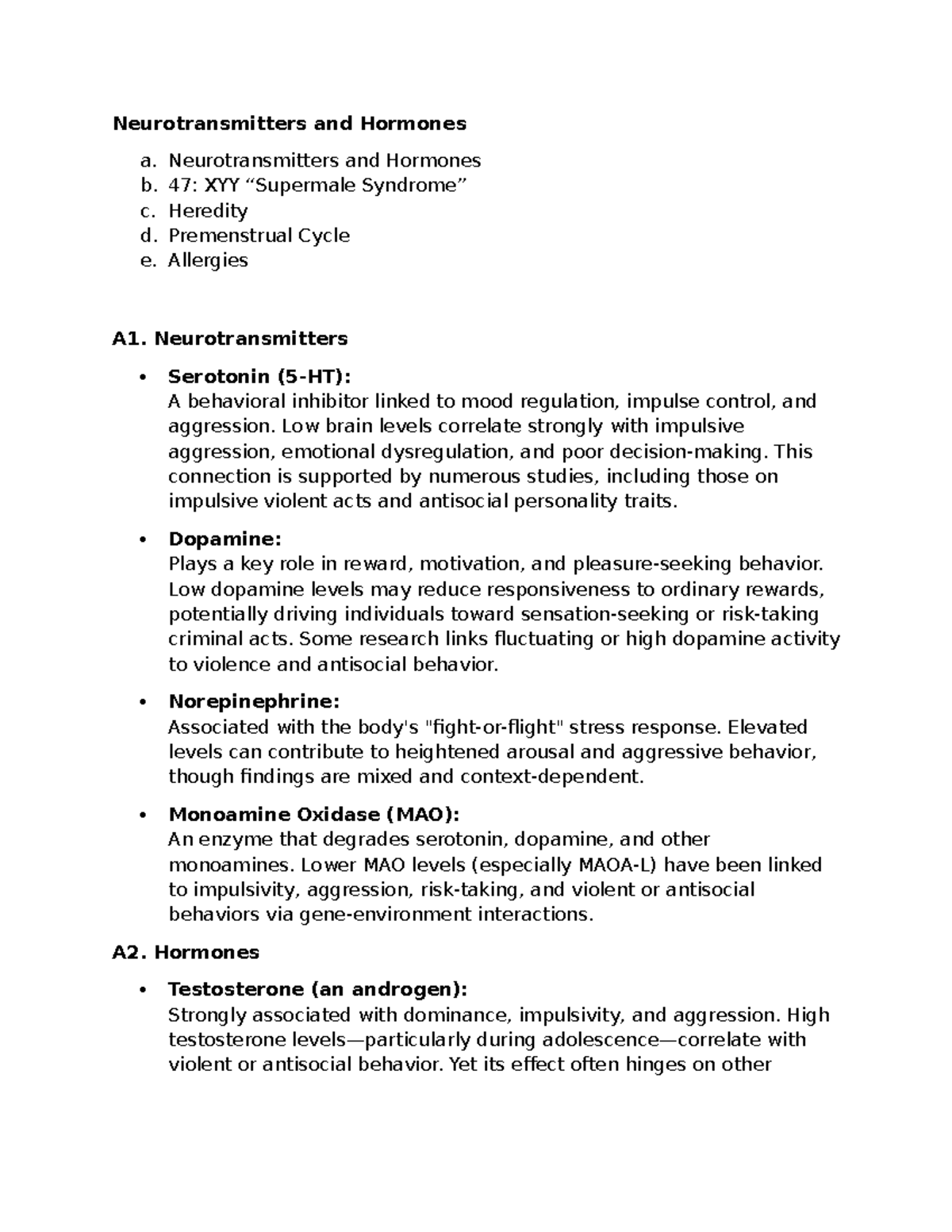 Neurotransmitters & Hormones: Links to Behavior & Crime (PSY 101) - Studocu