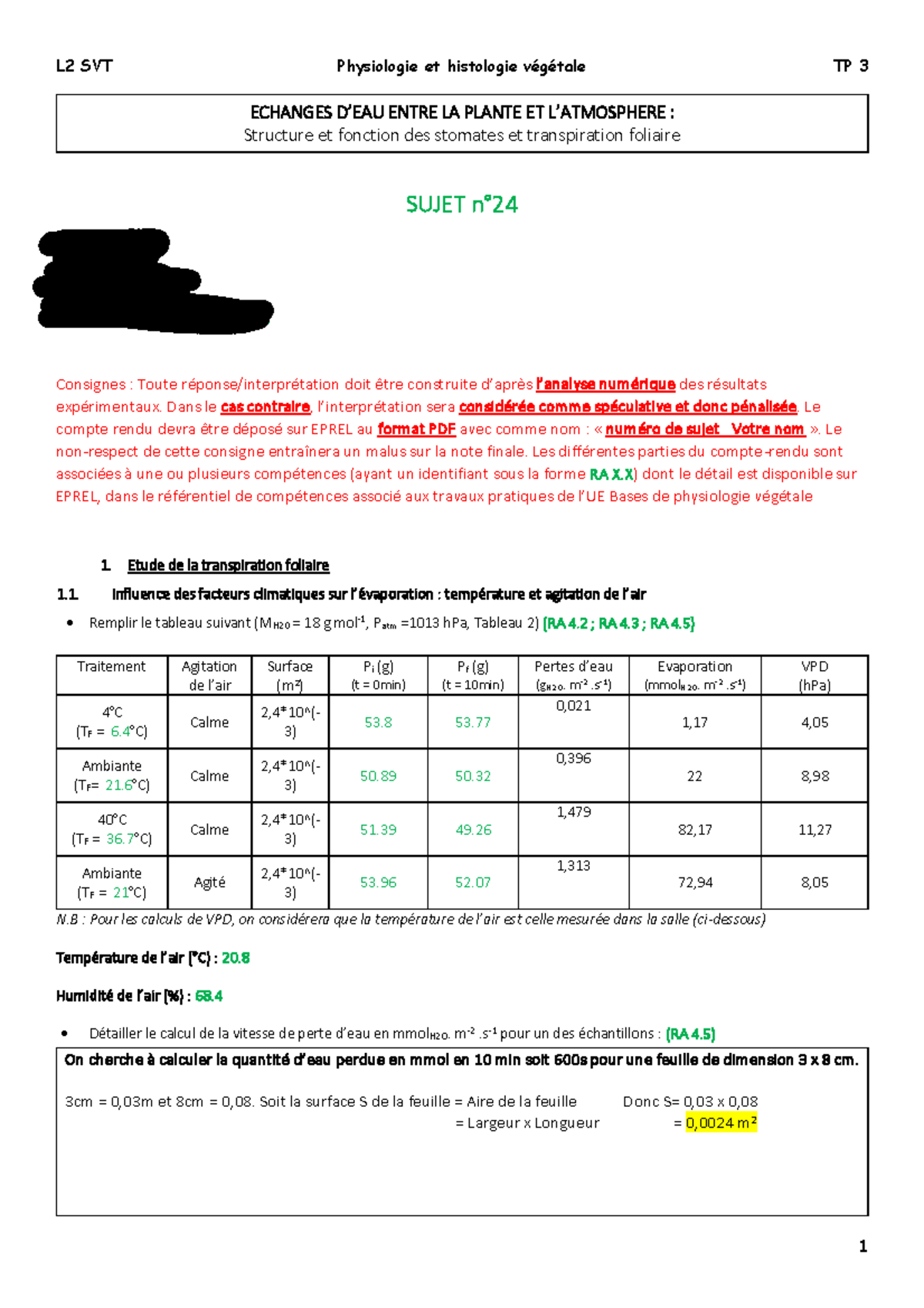 Sujet 24 TD3 : Stomates et Transpiration Foliaire en Physio-Histologie ...