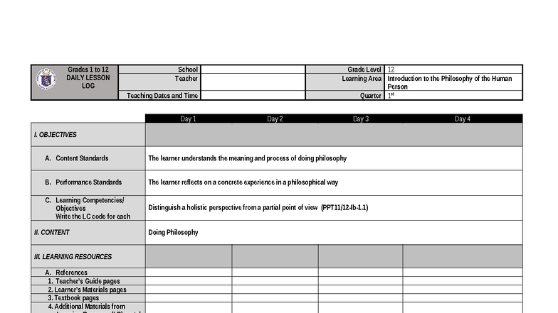Grade 12 Daily Lesson Log: Intro to Philosophy - Week A - Studocu