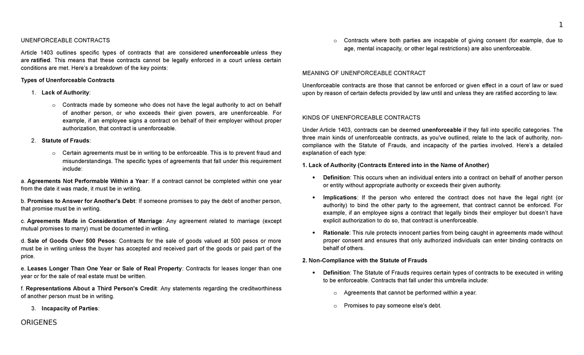 Unenforceable Contracts Study Notes - Article 1403 Overview - Studocu