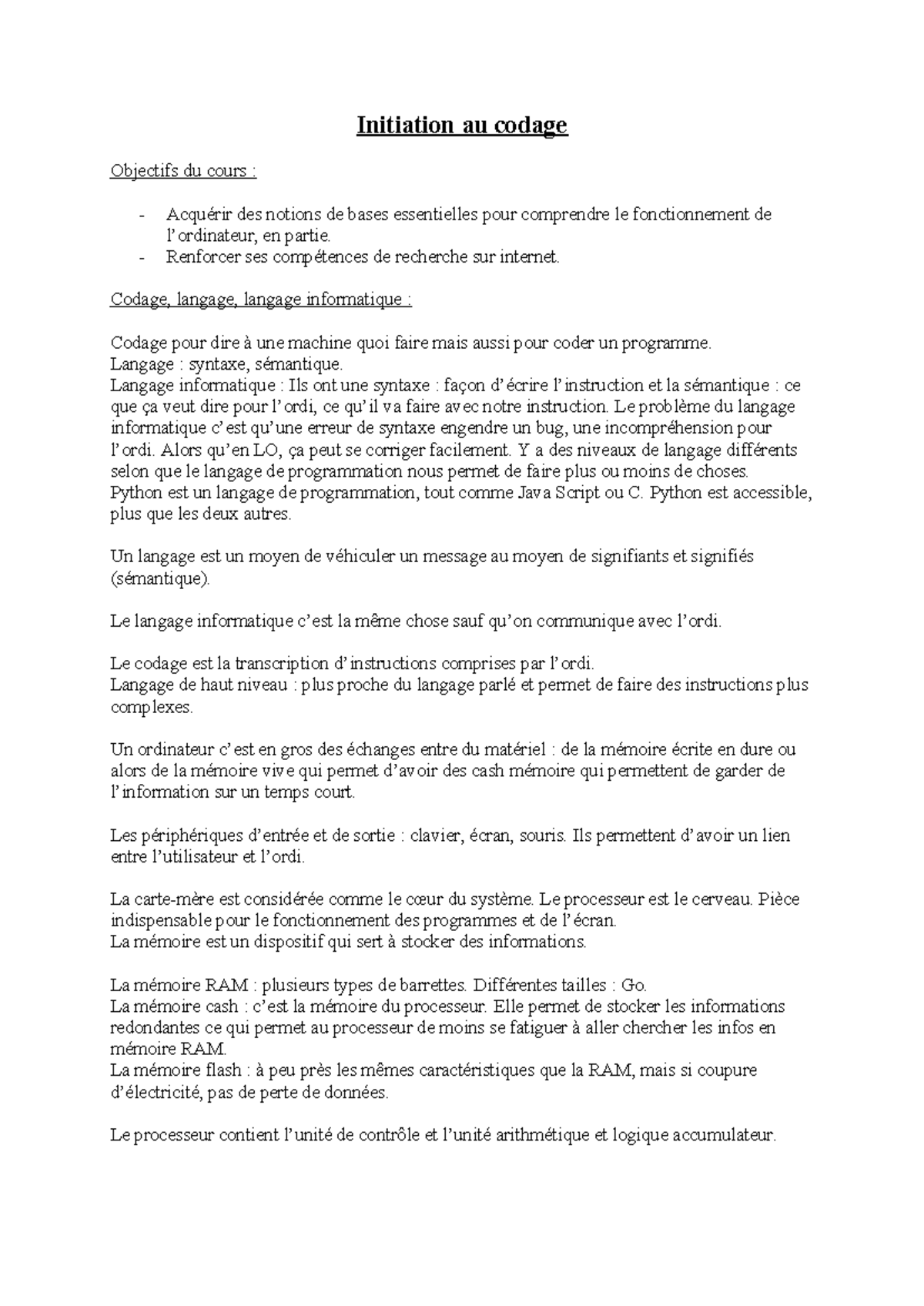 Initiation au Codage: Concepts Clés et Méthodes (Cours de Informatique ...