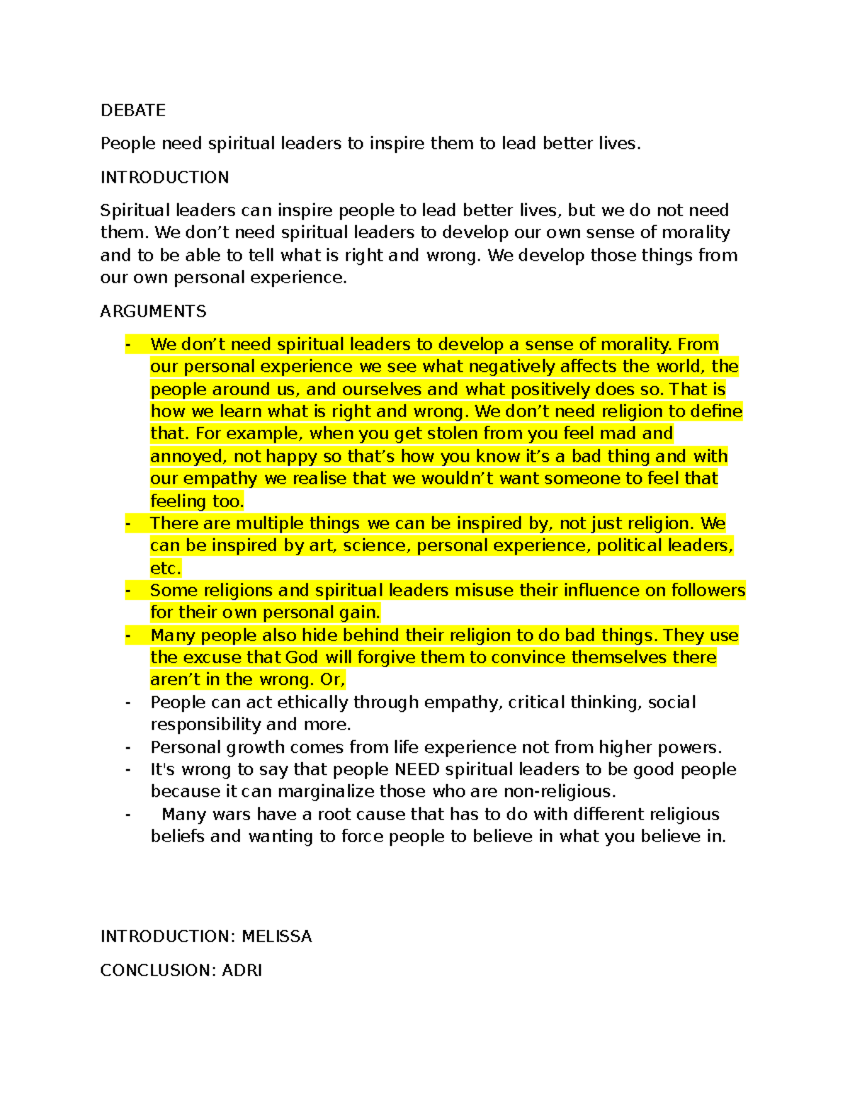 Debate: Do We Need Spiritual Leaders for Morality? (IB) - Studocu