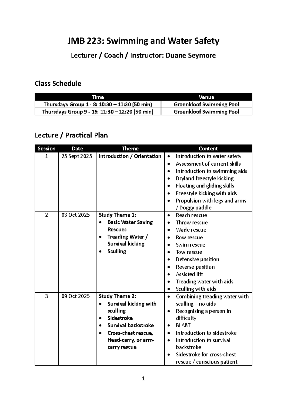 JMB 223: Swimming & Water Safety Teaching Manual Overview - Studocu