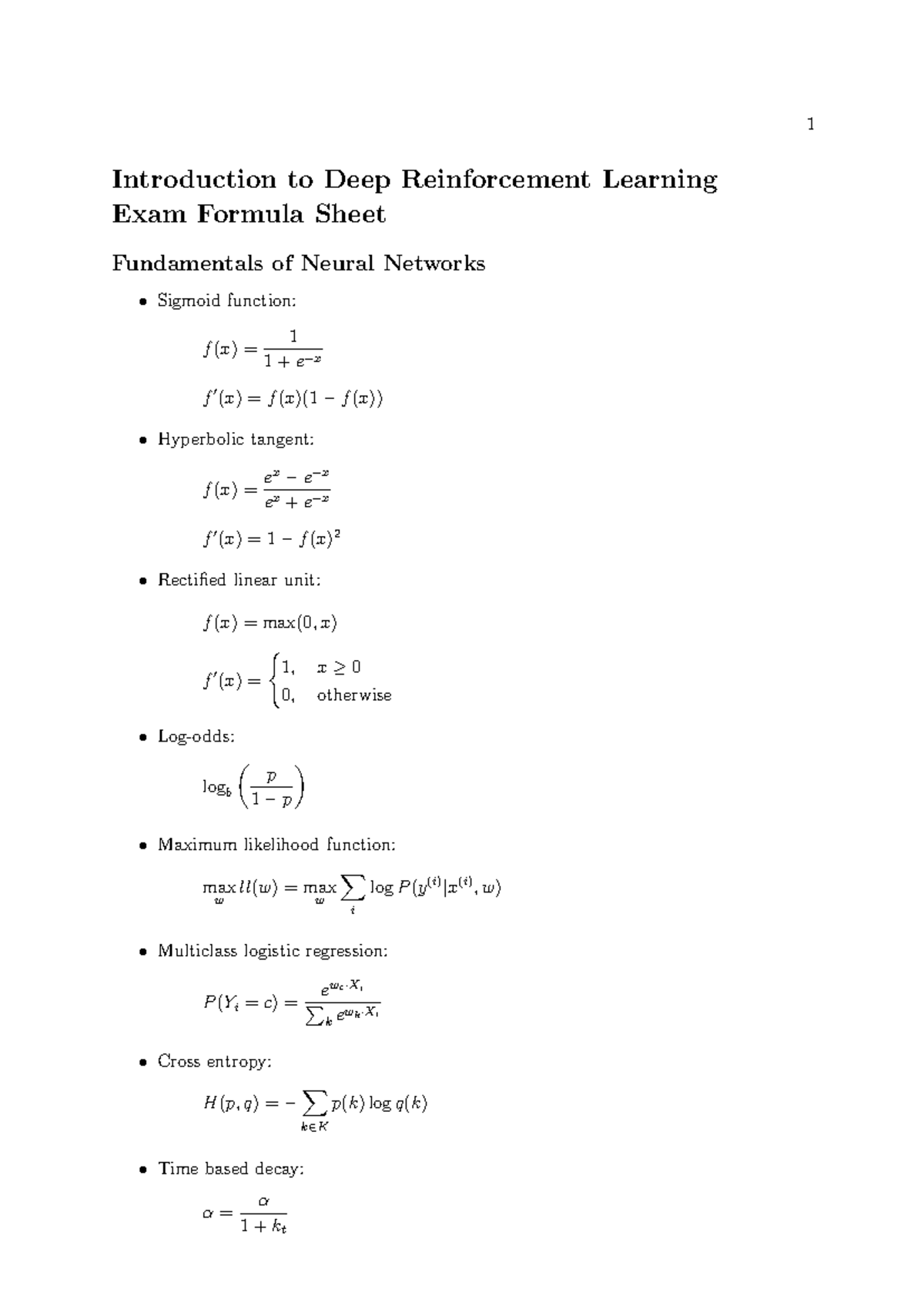 Formula Sheet - 1 Introduction to Deep Reinforcement Learning Exam ...