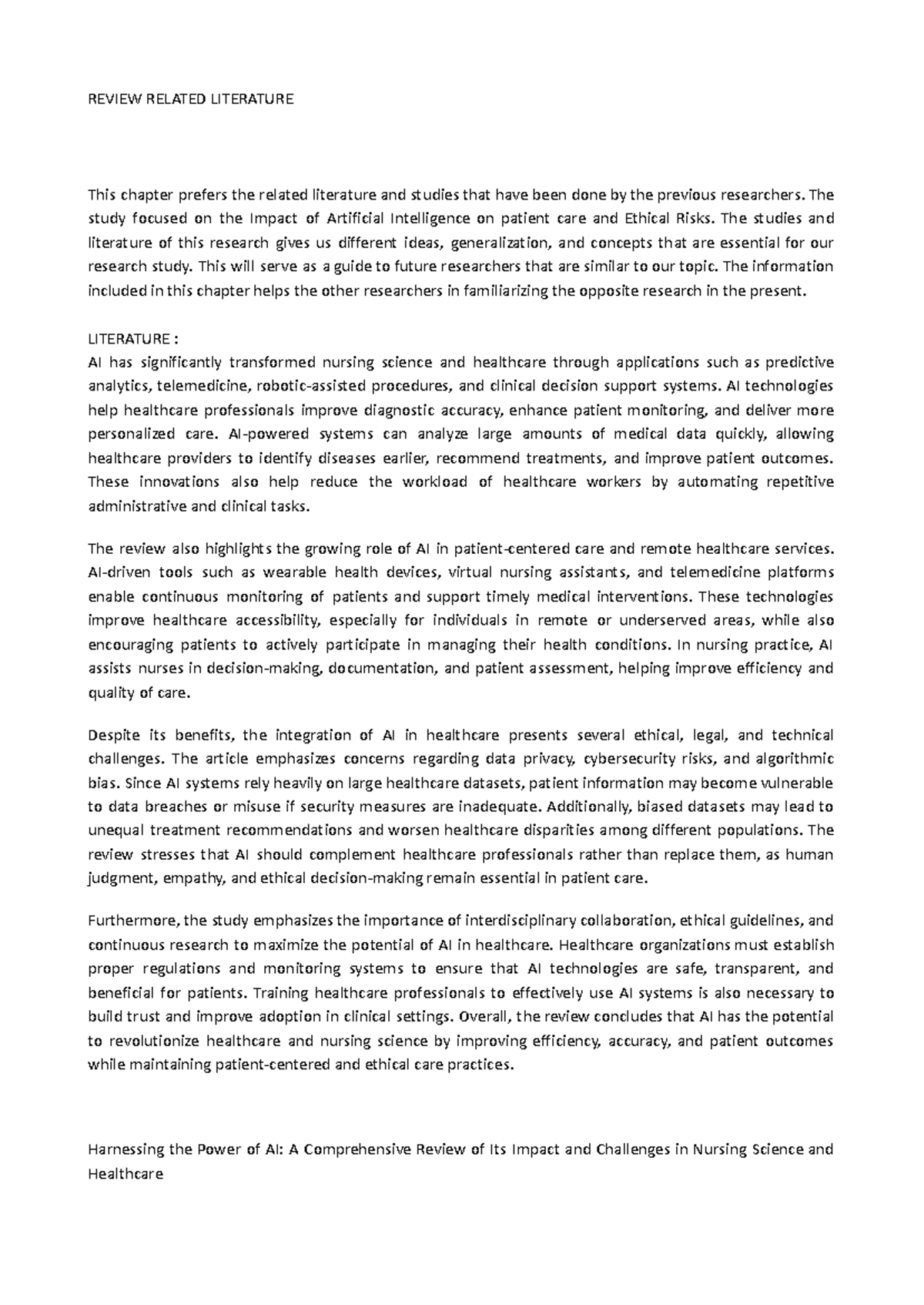 RRL - Lecture Notes on AI's Impact in Nursing & Healthcare - Studocu