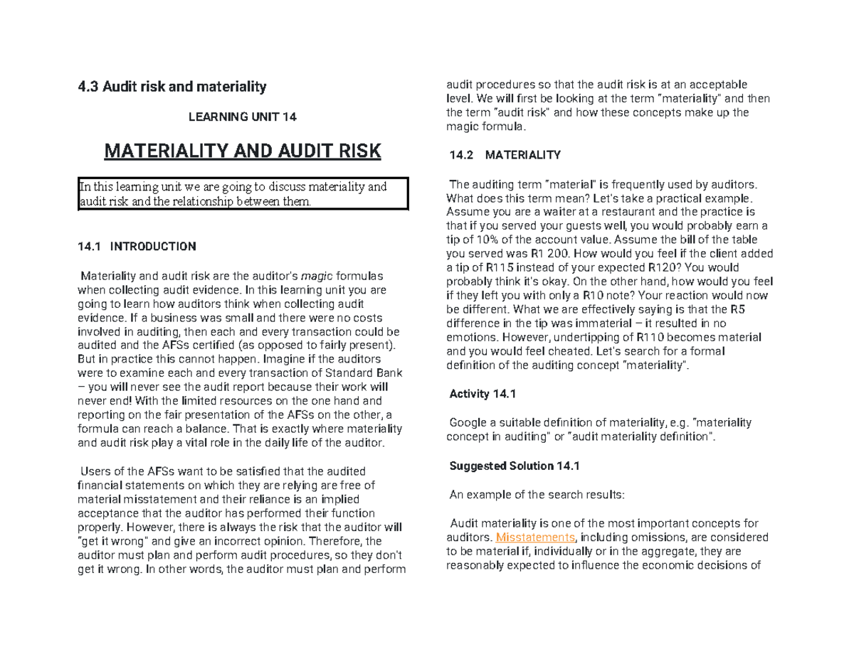 Materiality and Audit Risk in Financial Auditing (Course Code: SQN3G9 ...
