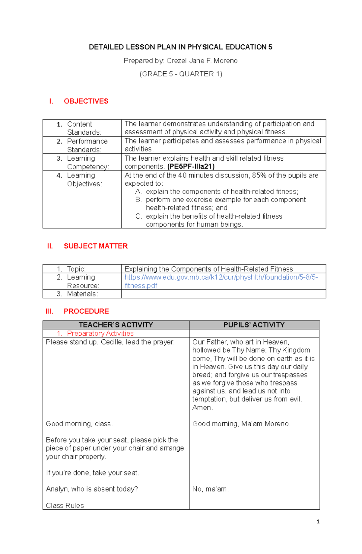 Detailed Lesson Plan for PE 5: Health-Related Fitness Components - Studocu
