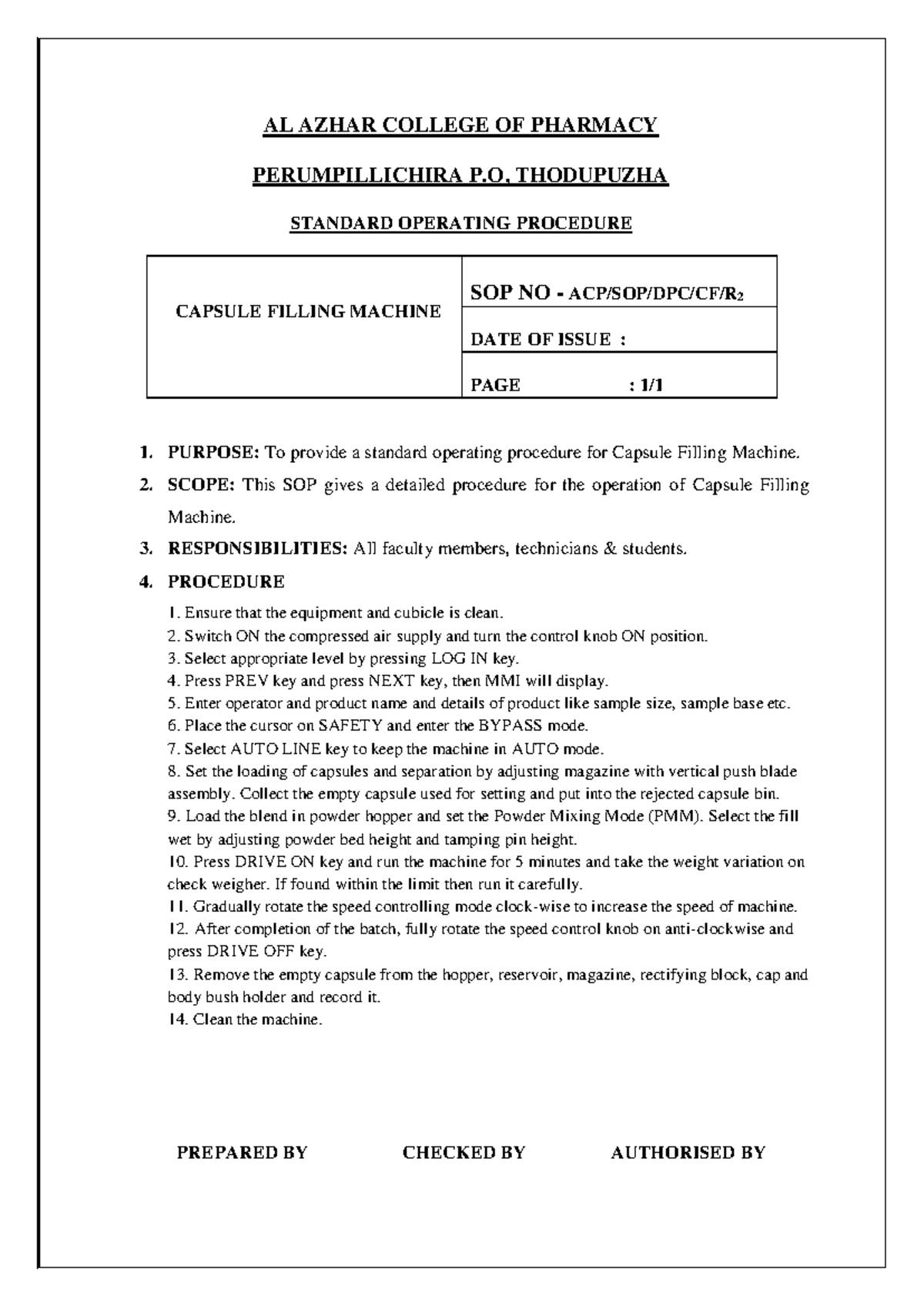 Standard Operating Procedures (SOP) for Pharmacy Equipment at ACP - Studocu