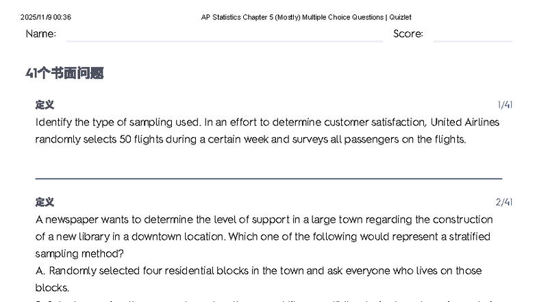 AP Statistics 00:36 Chapter 5 Multiple Choice Questions Quizlet - Studocu