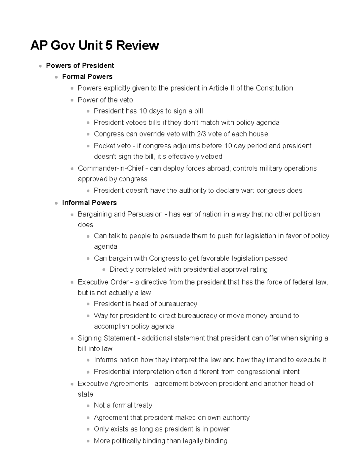 AP Gov Unit 5 Review - meow - AP Gov Unit 5 Review Powers of President ...