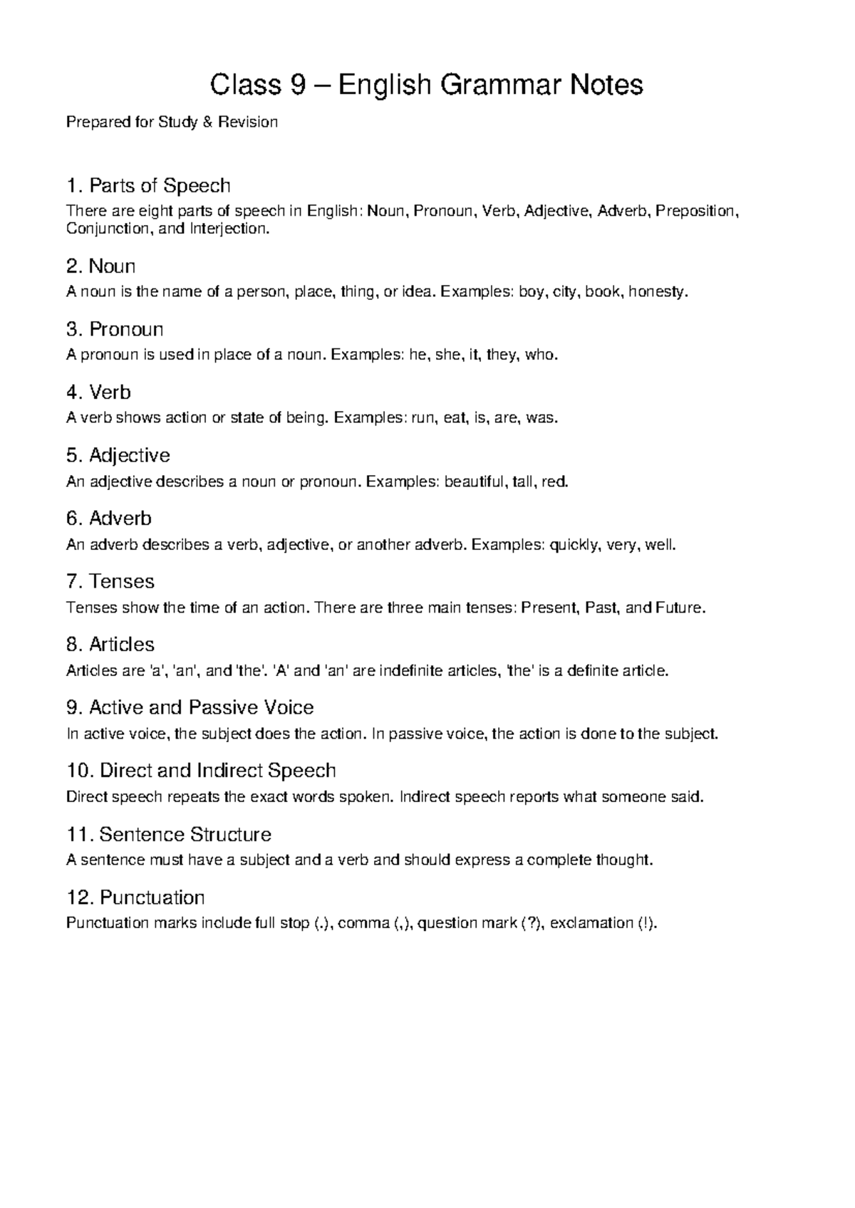 Class 9 English Grammar Revision Notes: Parts of Speech & More - Studocu