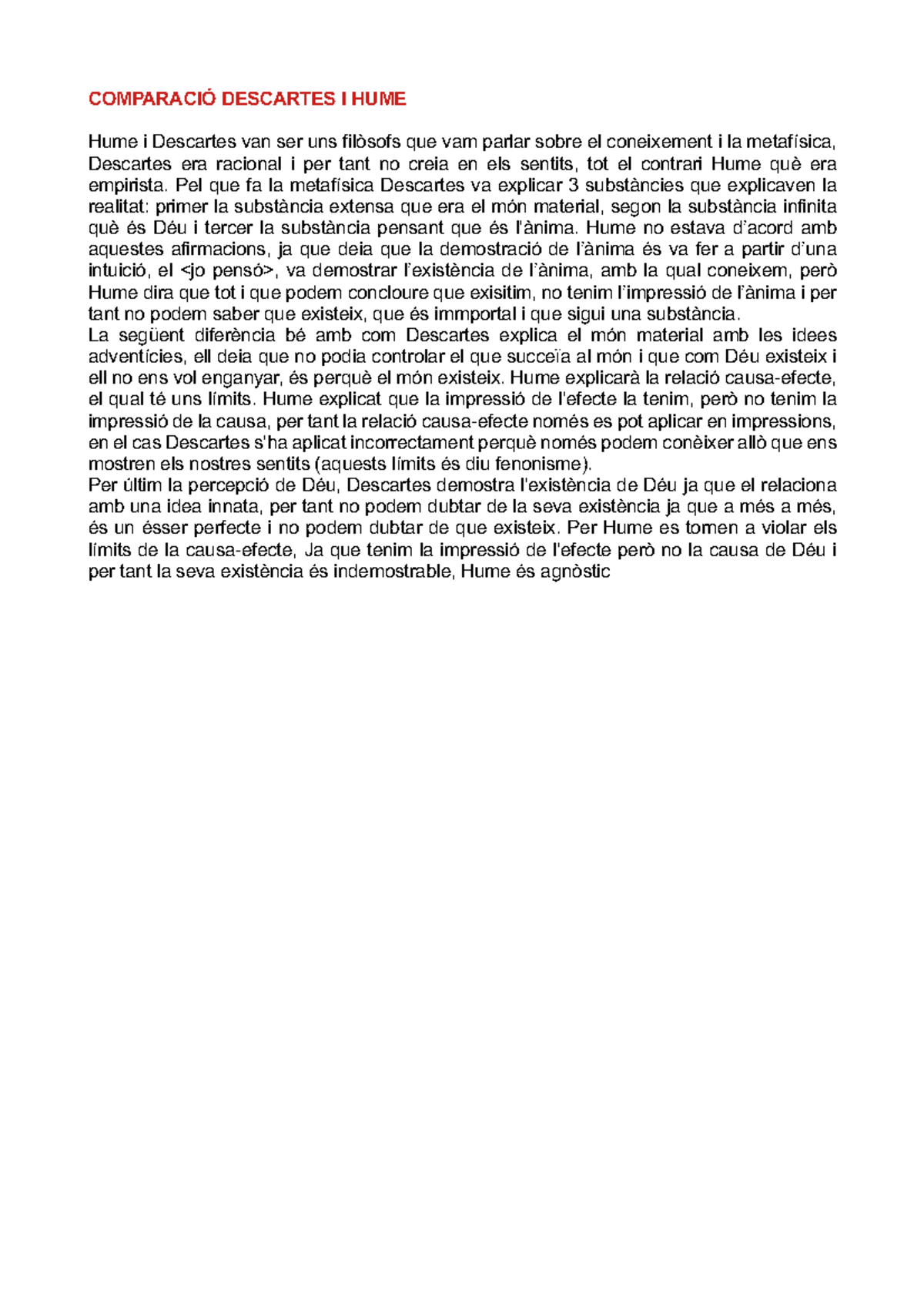Comparació entre Descartes i Hume sobre Coneixement i Metafísica - Studocu