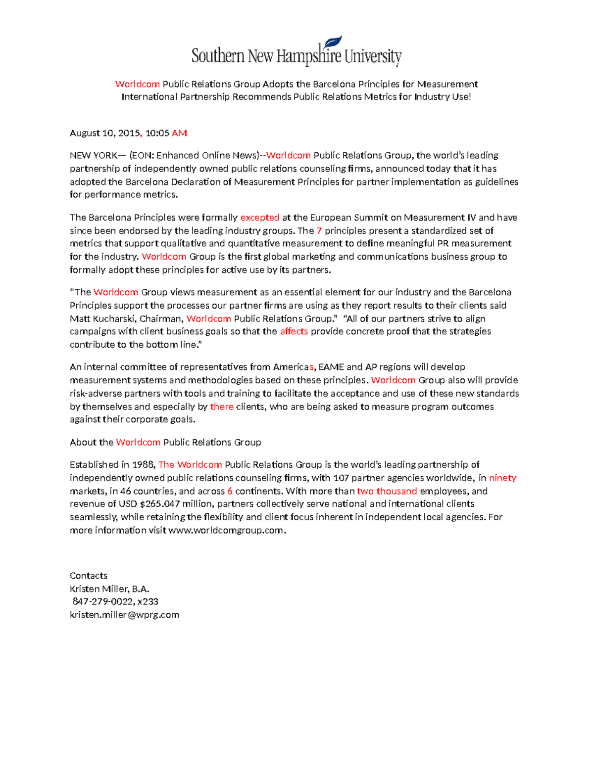 COM-227 Press Release: Adoption of Barcelona Principles for PR Metrics ...